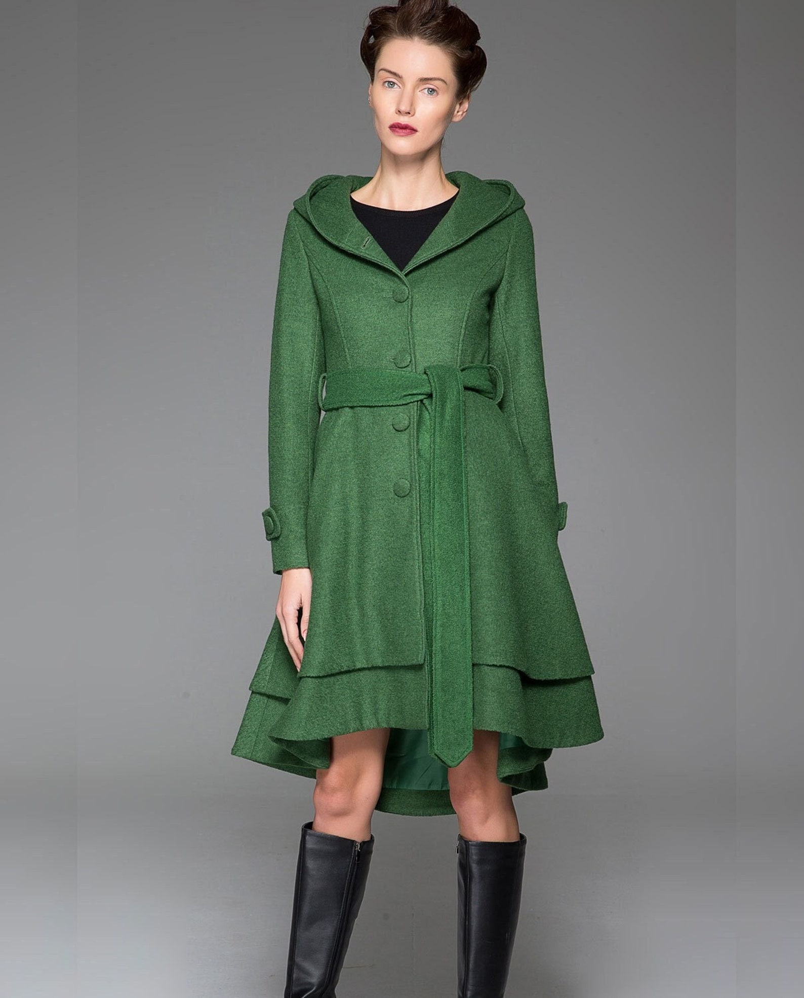 Green Hooded Wool Coat Women Long Wool Trench Coat Fit and - Etsy