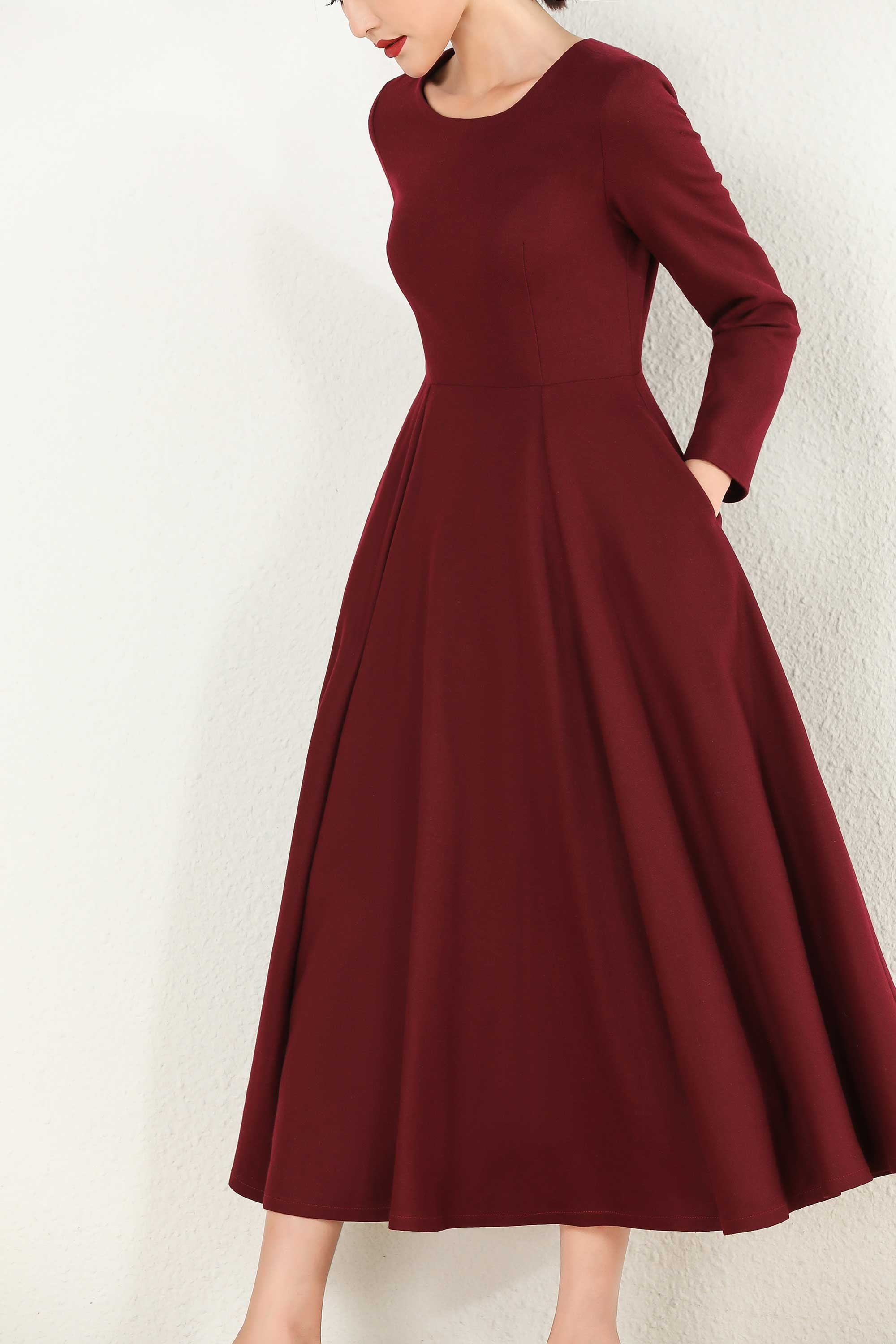 Burgundy Wool Dress Long Sleeve Wool Dress Long Wool Dress - Etsy Denmark