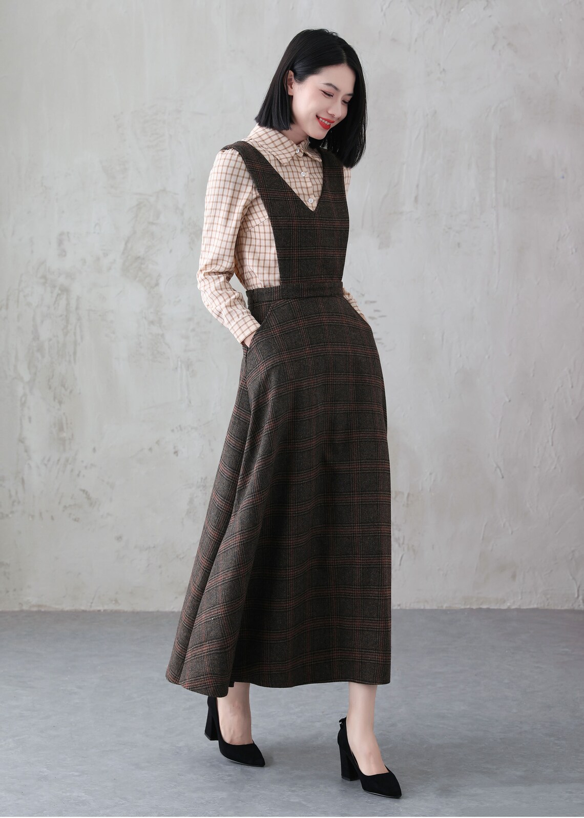 Long Wool Pinafore Dress Vintage Inspired Plaid Wool Dress - Etsy
