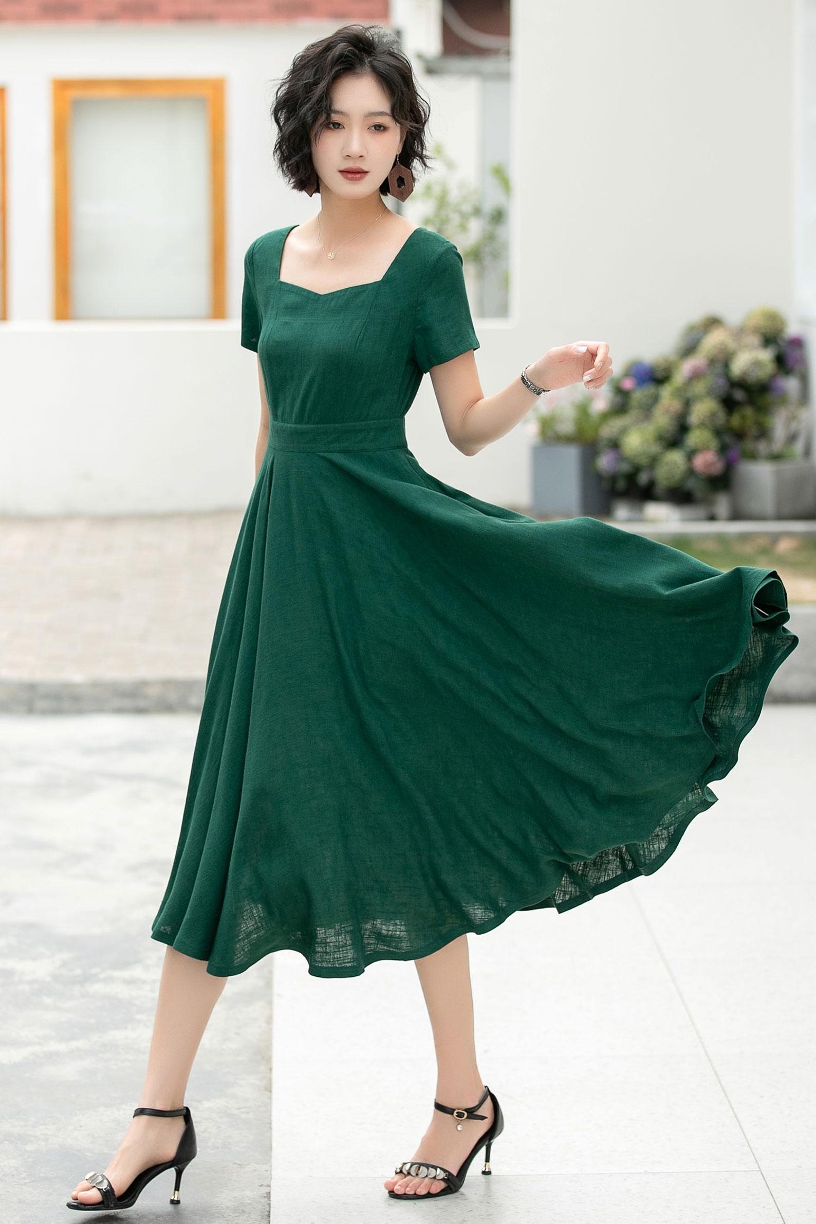 Family Gathering Dress, Linen Green Midi Women Dress, A-line Summer ...