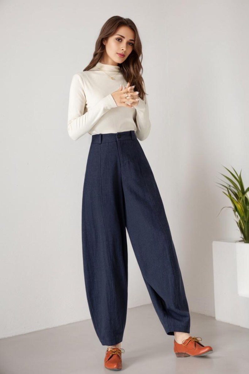 Navy Blue Linen Wide Leg Pants, Lantern Style - Etsy