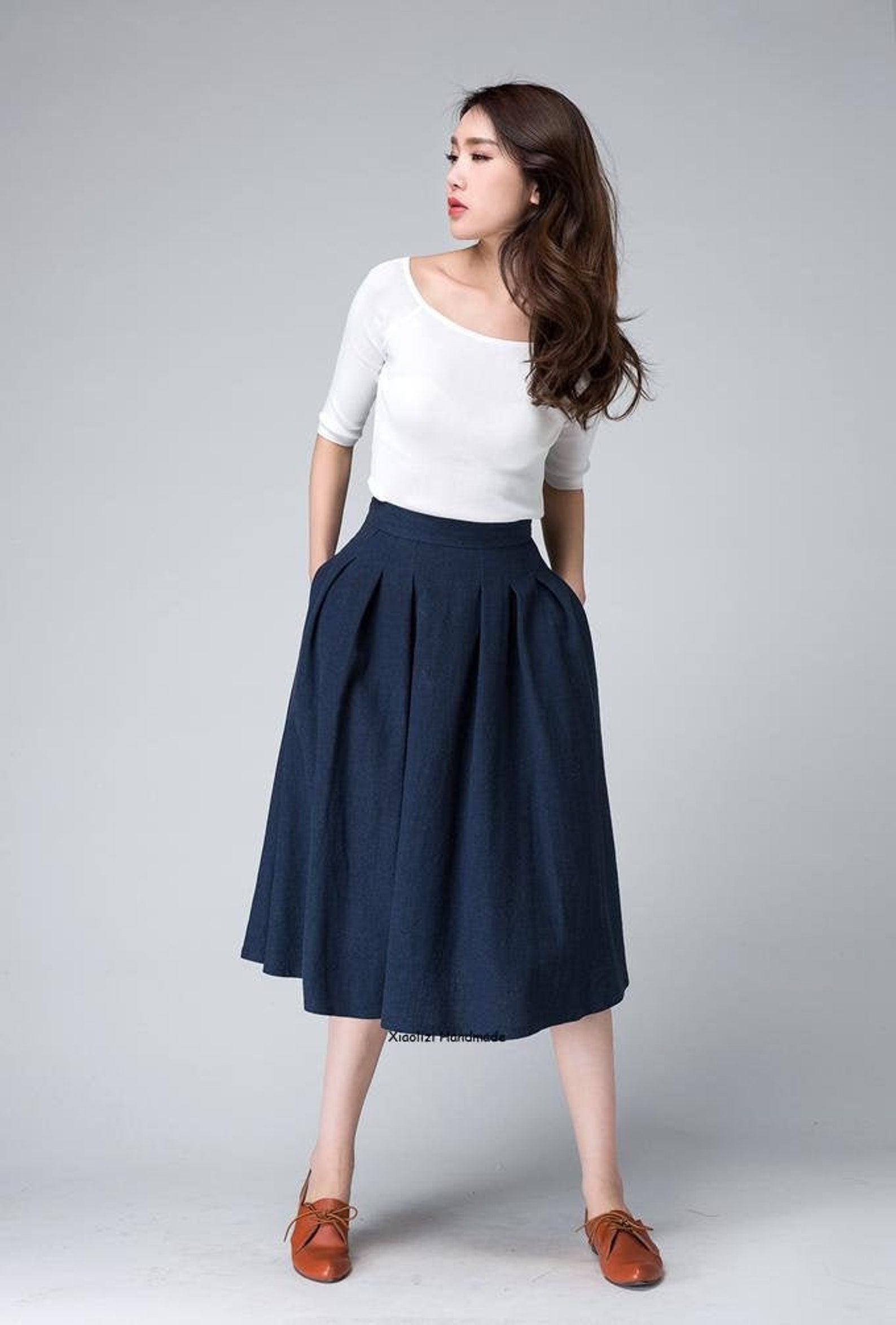 High Waist A Line Pleated Midi Skirt, Women's Navy Blue Swing Skirt ...