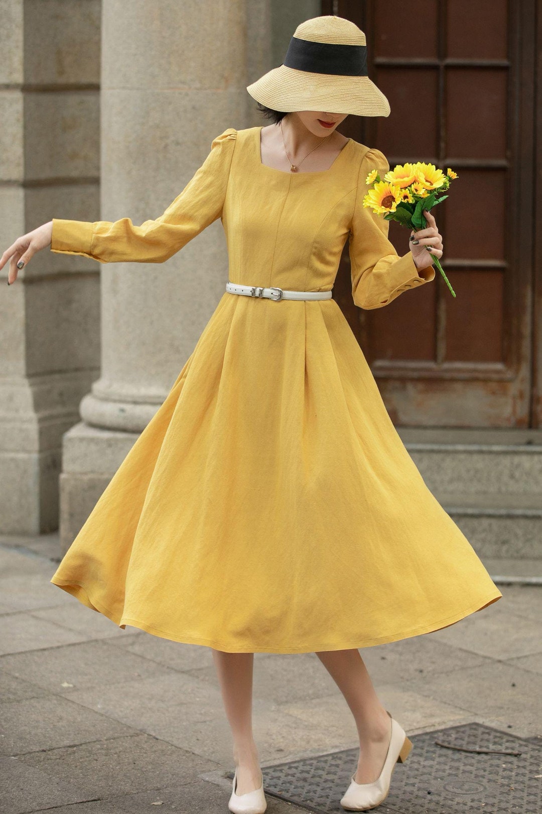 Linen Midi Dress, Yellow Swing Linen Dress, Bridesmaid Dress, Flowy ...