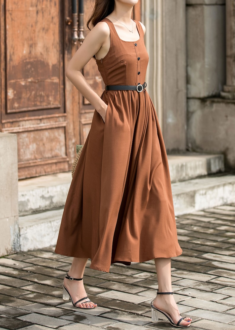 Brown Midi Pinafore Dress Button up Dress Women's Summer - Etsy