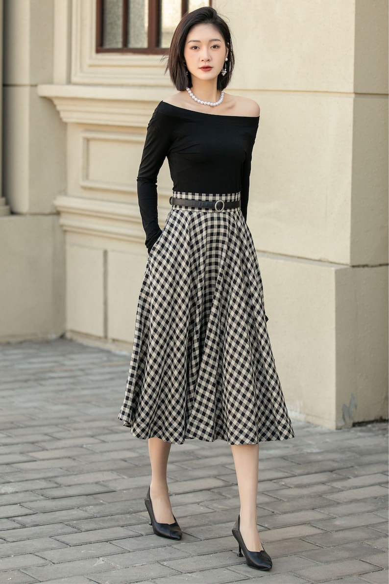 Vintage Inspired Plaid Midi Circle Skirt, Swing Linen Skirt, Womens ...