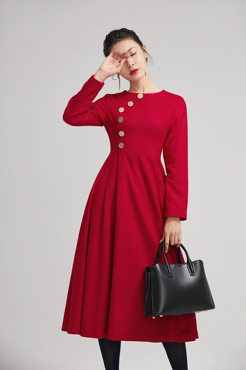 Red wool dress warm winter dress elegant dress button | Etsy