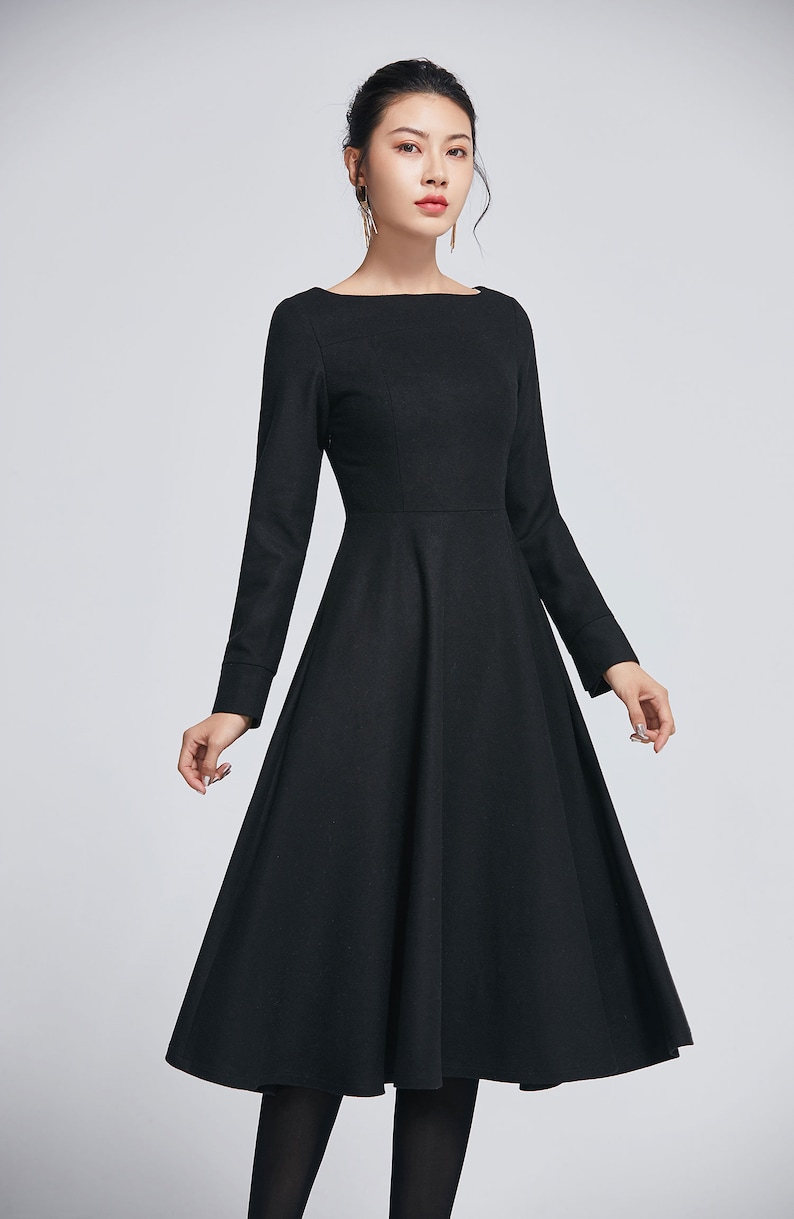 Kleine zwarte jurk, wollen jurk, winterjurk voor vrouwen, lange wollen jurk, klassieke jurk ...