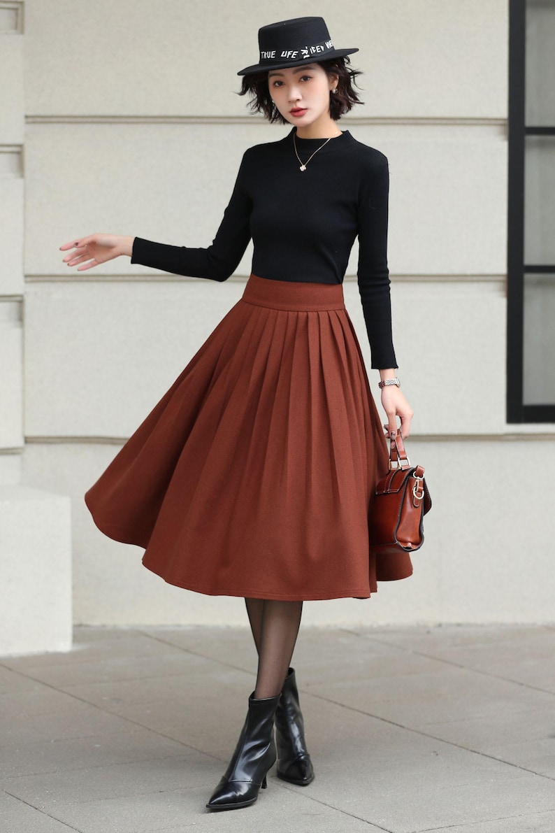 Rust Wool Blend Midi Skirt: High Waist Pleated A-line Winter Skirt ...