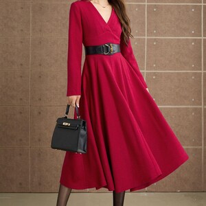 Wool Dress, Red Midi Wool Dress, Swing Wool Dress, A Line Wool Dress, V ...