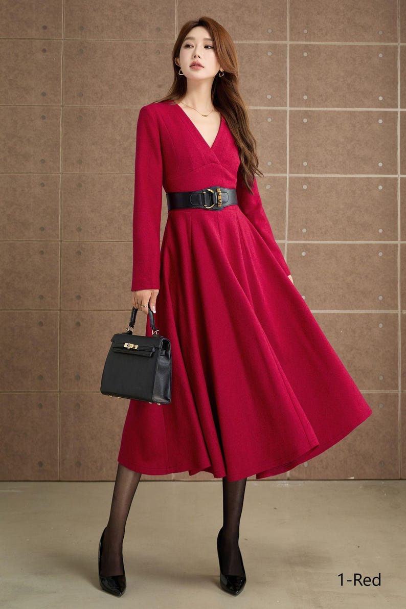 Wool Dress, Red Midi Wool Dress, Swing Wool Dress, A Line Wool Dress, V ...