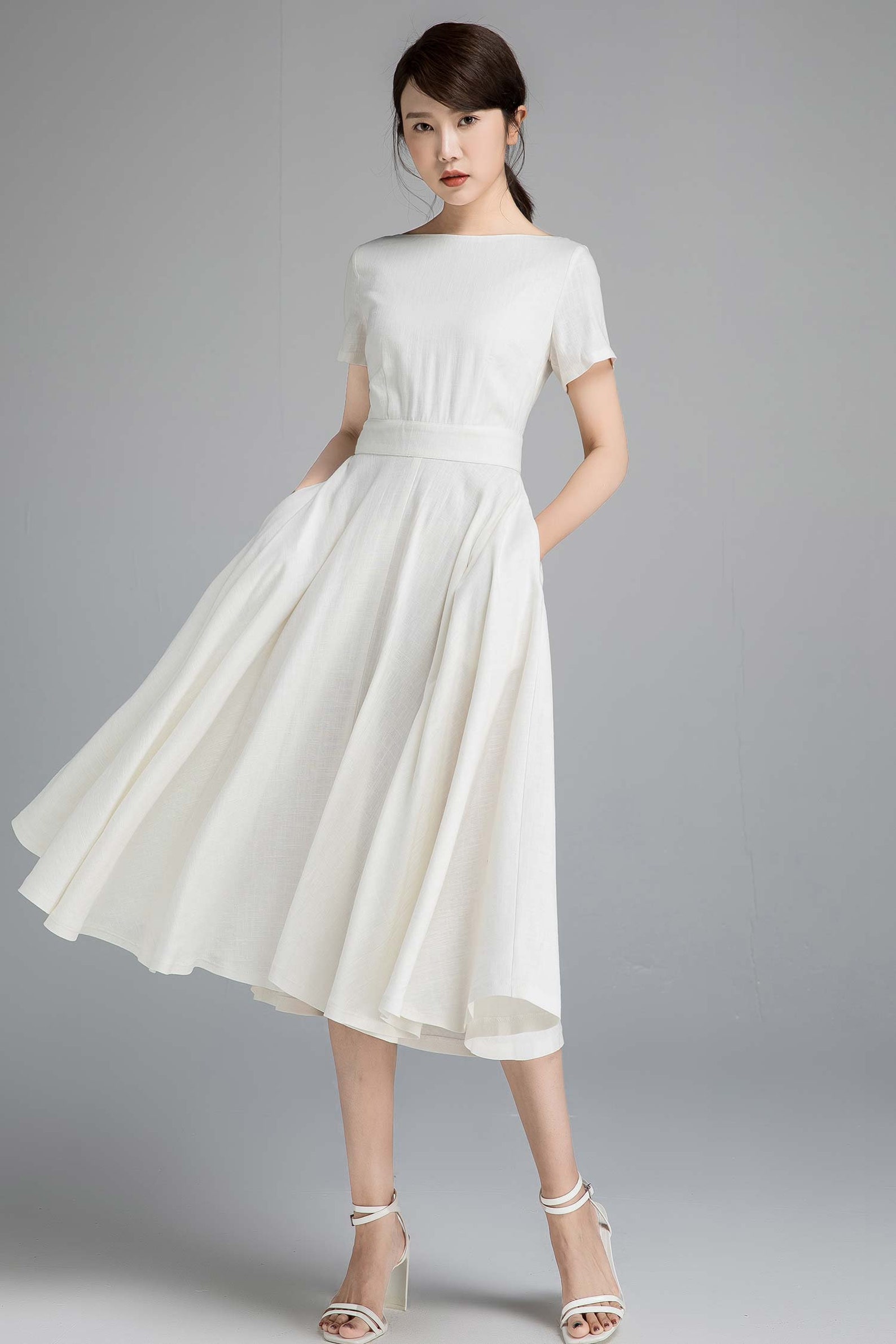 White Linen Dress, White Dress Women, Short Sleeve Linen Midi Dress ...