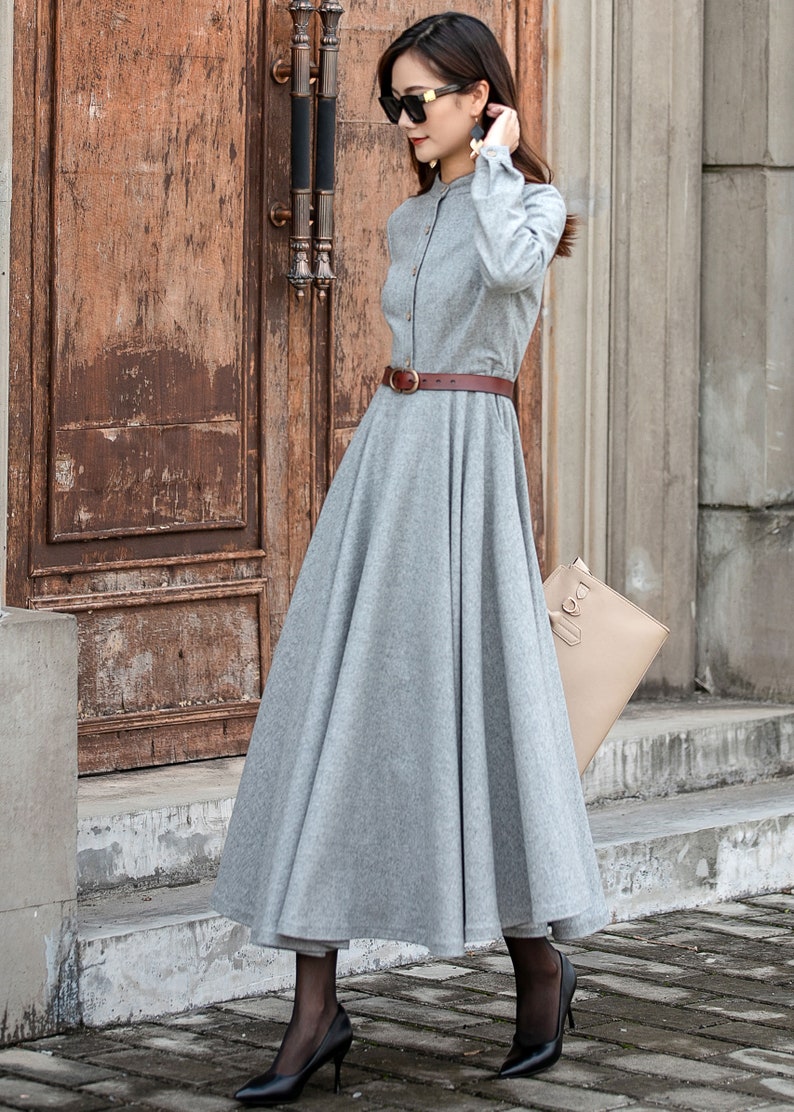 Long Sleeve Wool Dress, Wool Shirt Dress, Button-up Wool Dress, Long ...