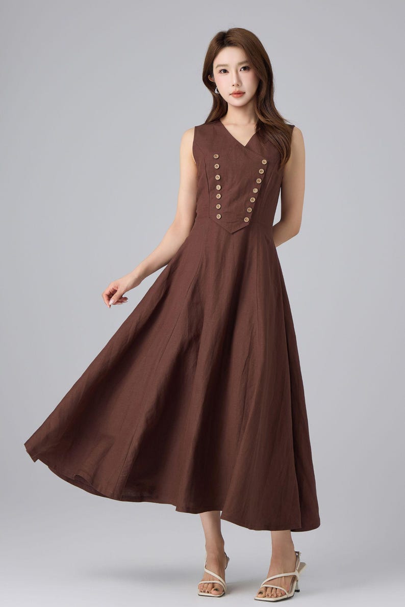 Brown Pinafore Maxi Dress: Sleeveless Double Breasted Linen Dress ...