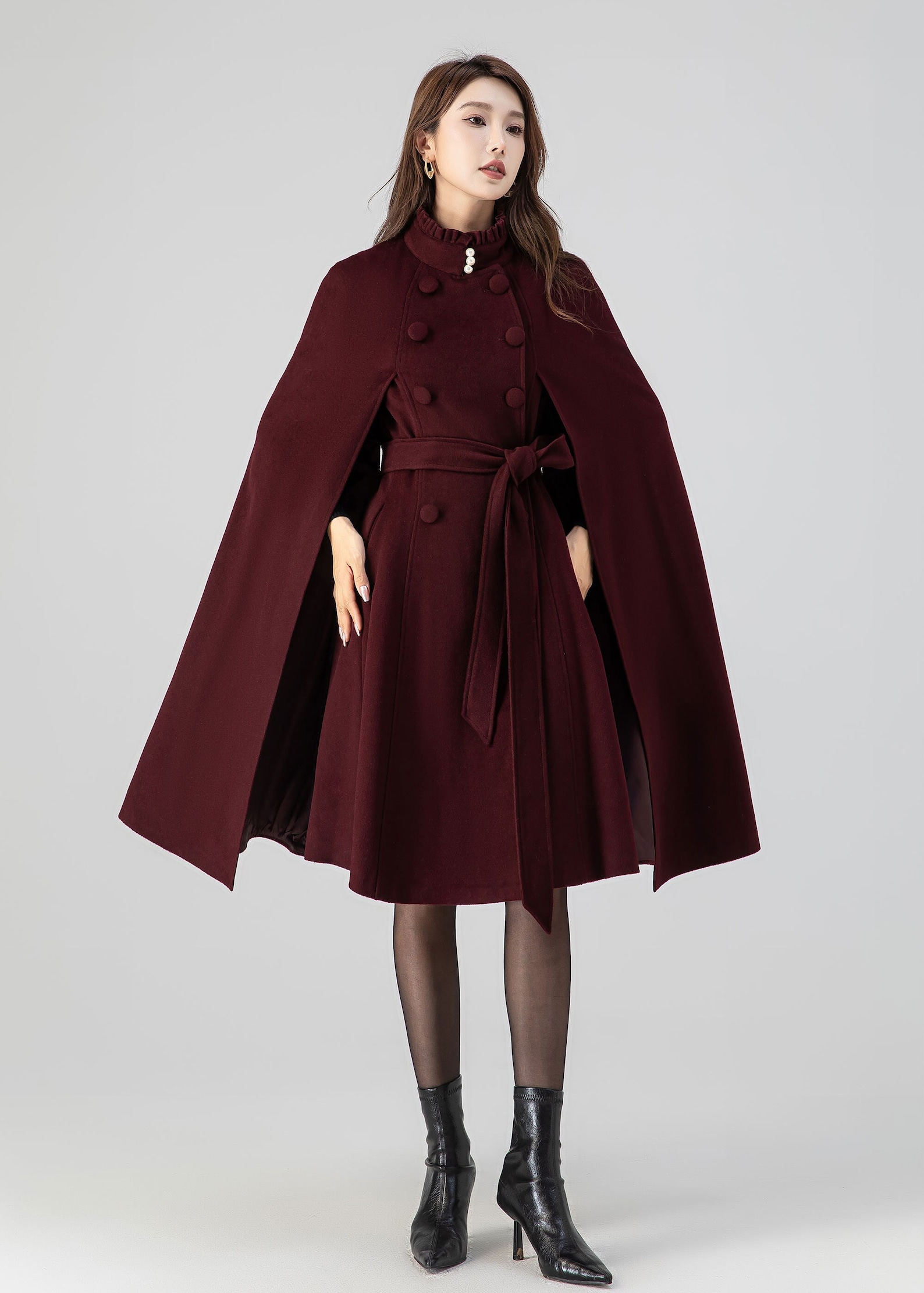 Burgundy Swing Cloak Coat, Winter Wool Cape Coat Women, Long Wool Cape ...