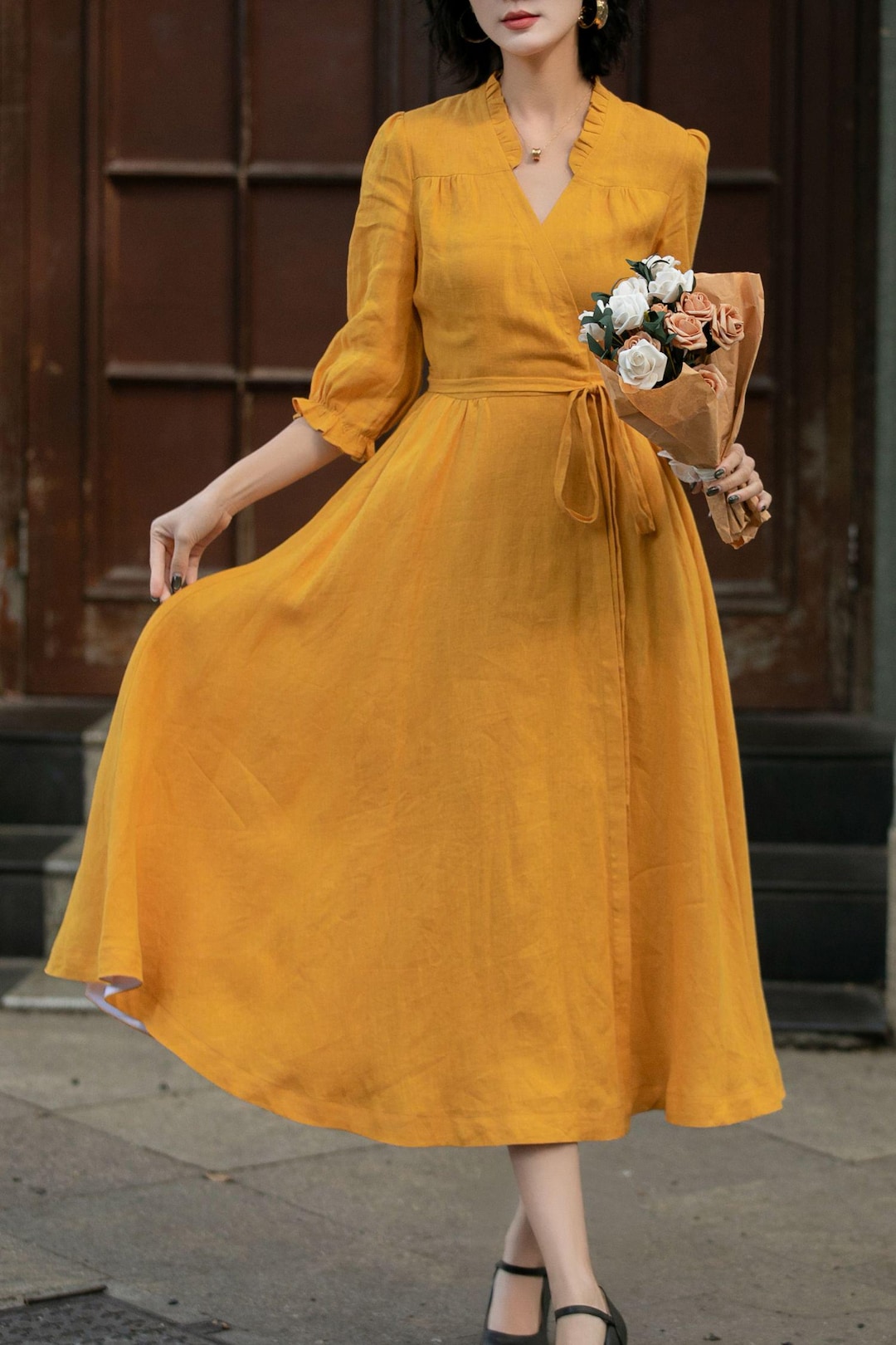 Linen Dress, Yellow Wrap Dress With Belted, Spring Midi Linen Dress ...