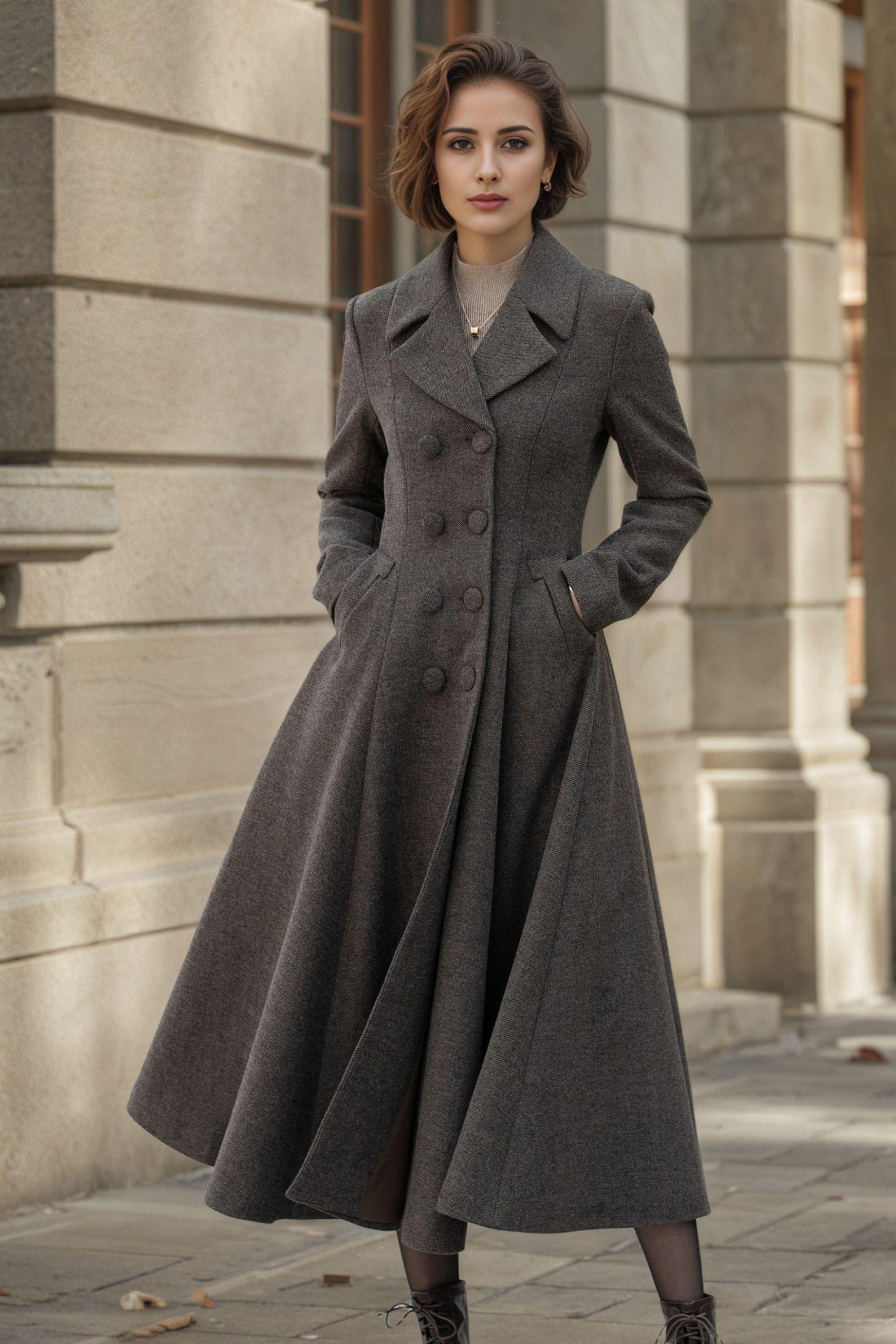 Brown Wool Blend Maxi Coat for Women, Stylish Double-breasted Design ...