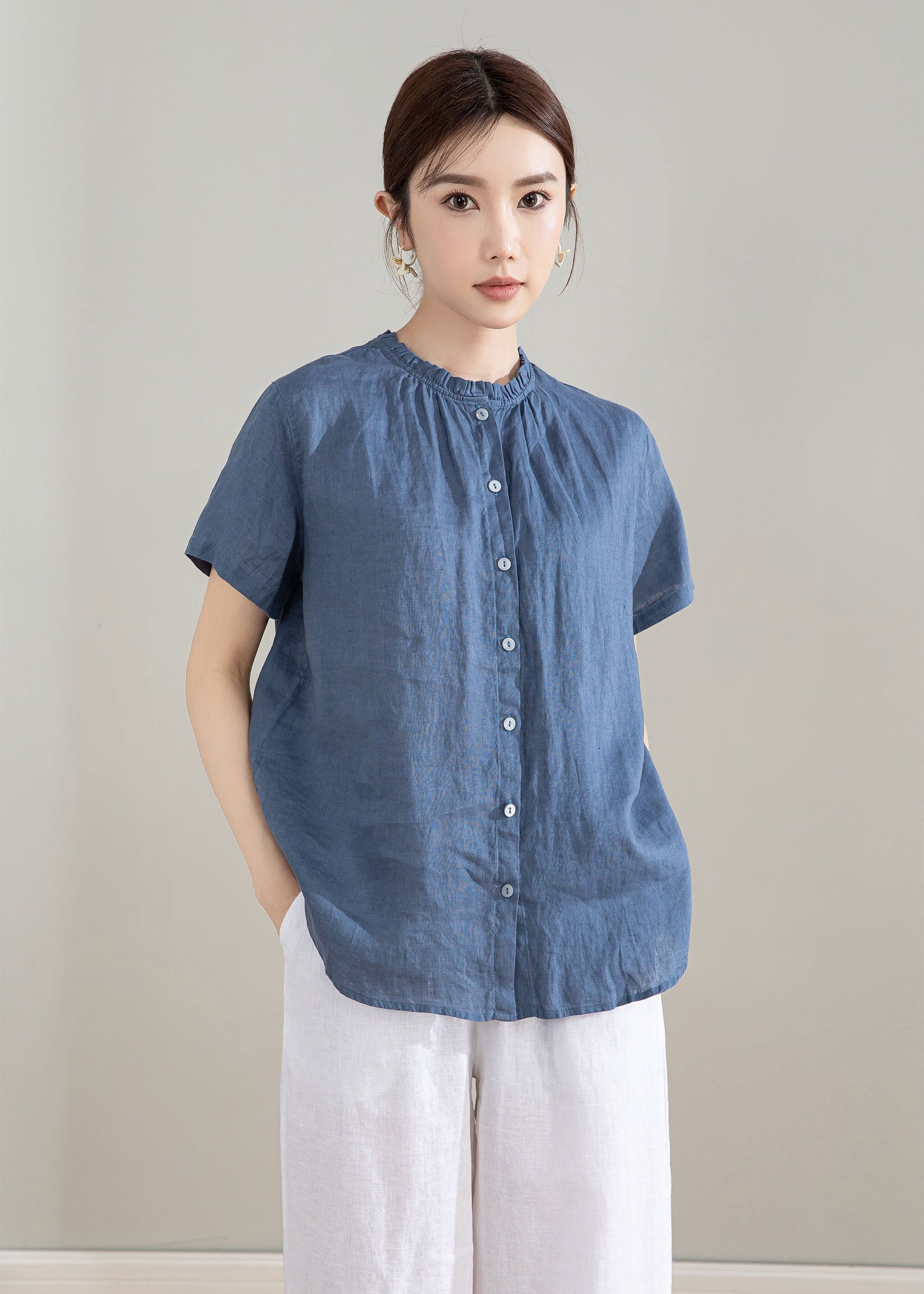 Blue Vintage Linen Tops Clothing, Retro Ruffle Crew Neck Linen Shirts ...