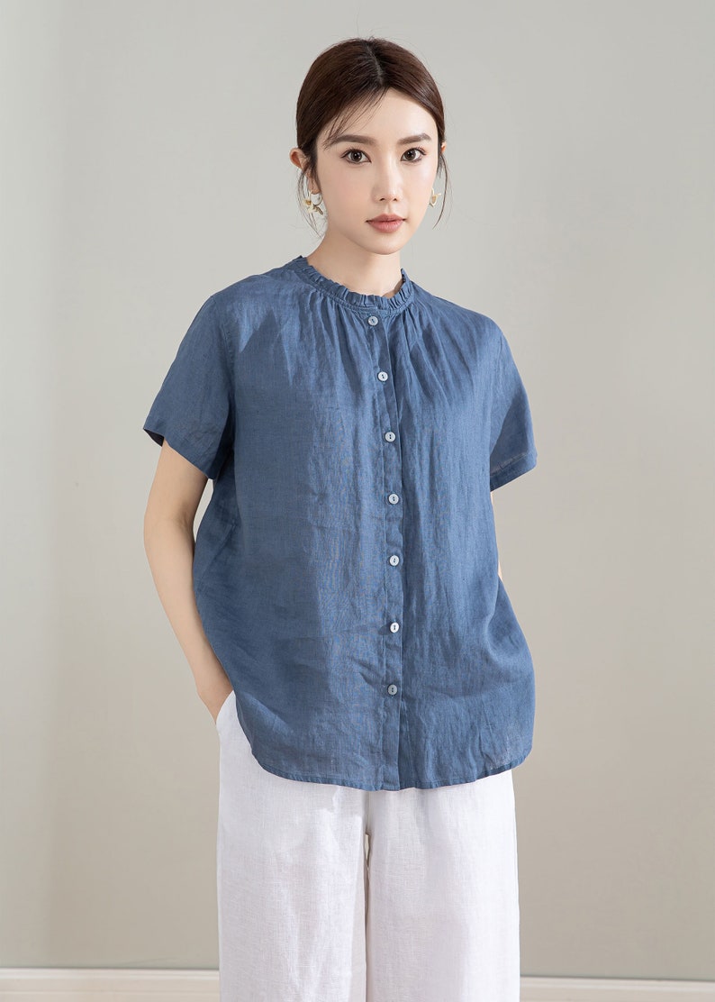 Blue Vintage Linen Tops Clothing, Retro Ruffle Crew Neck Linen Shirts ...