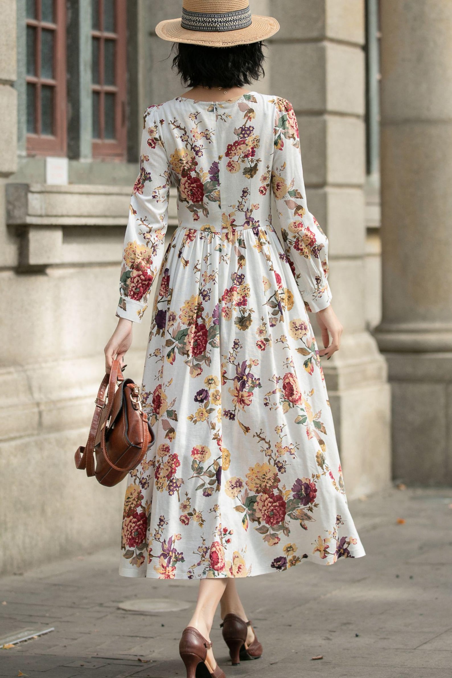 Family Gathering Dress, Floral Linen Midi Dress, Spring Long Sleeve ...