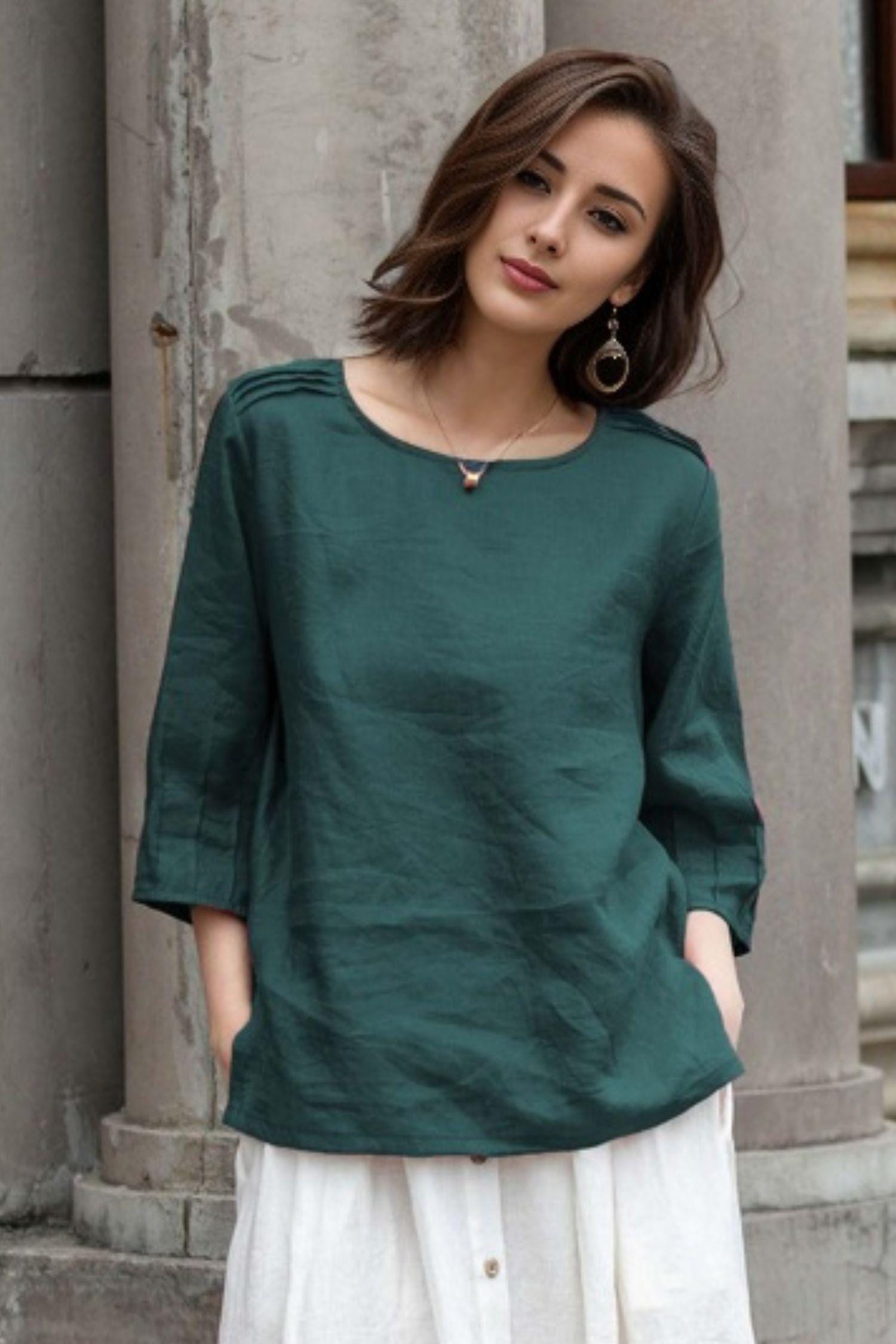 Loose Fit Green Linen Blouse, Plus Size Linen Tops, Summer Spring Linen ...