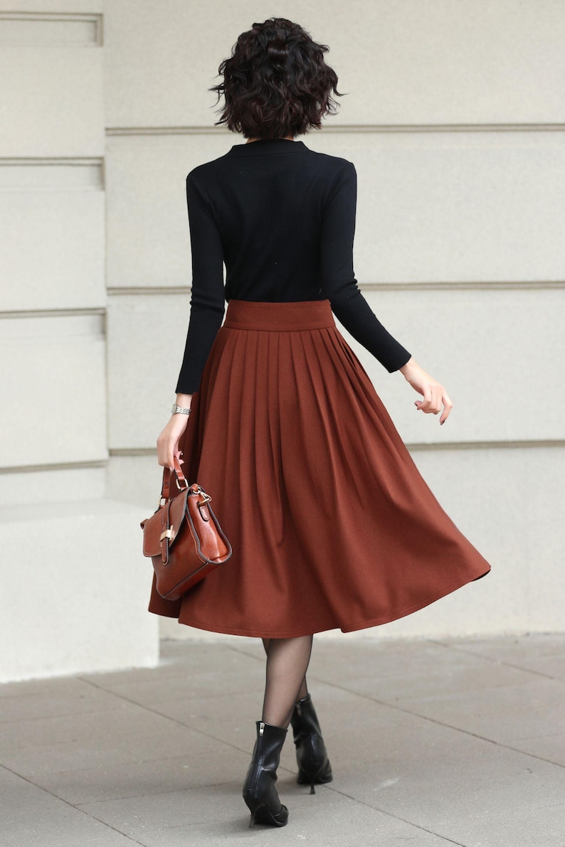Rust Wool Blend Midi Skirt: High Waist Pleated A-line Winter Skirt ...