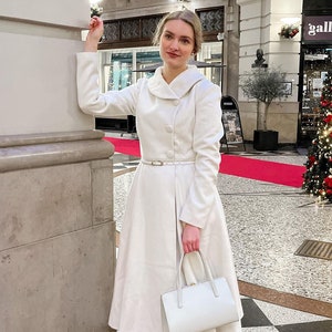 White Winter Wool Princess Coat, Wedding Wool Coat, Fit and Flare Coat ...