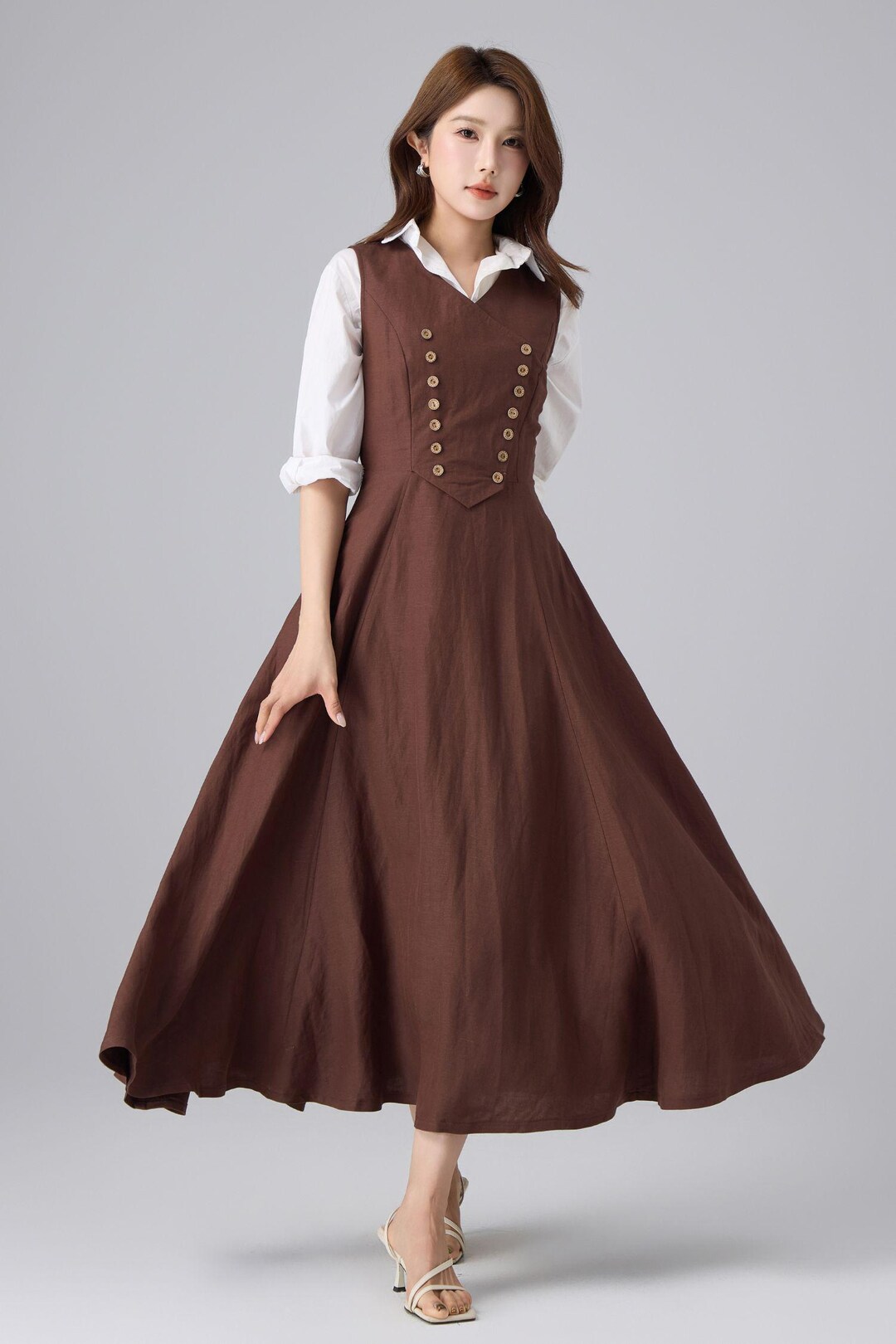 Brown Pinafore Maxi Dress: Sleeveless Double Breasted Linen Dress ...