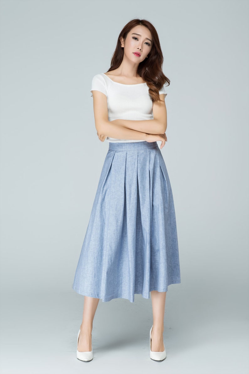 A Line Pleated Midi Skirt In Blue Linen Skirt Pockets Etsy