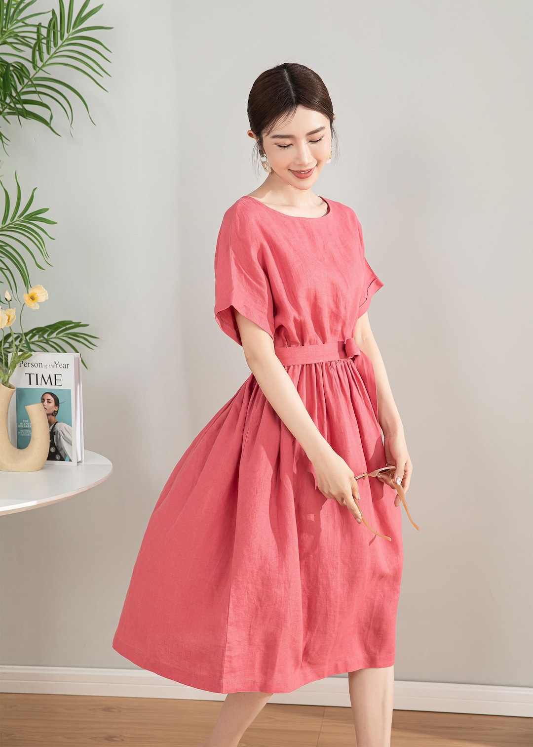 Pink Linen Dress, Womens Midi Dress, Swing Linen Dress With Pockets ...