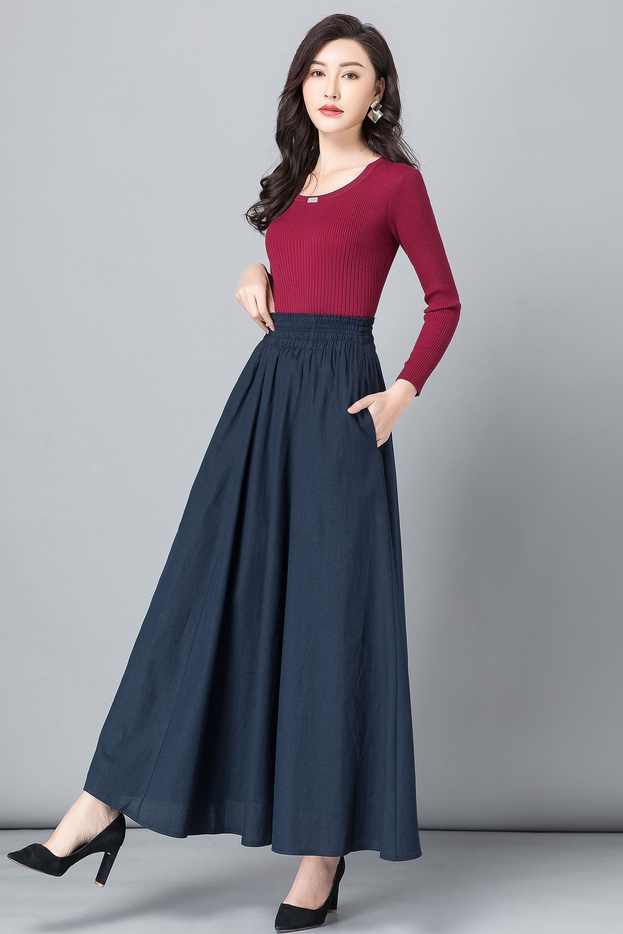 Maxi Linen Skirt, Long Linen Skirt, High Waist Long Pleated Swing Skirt ...