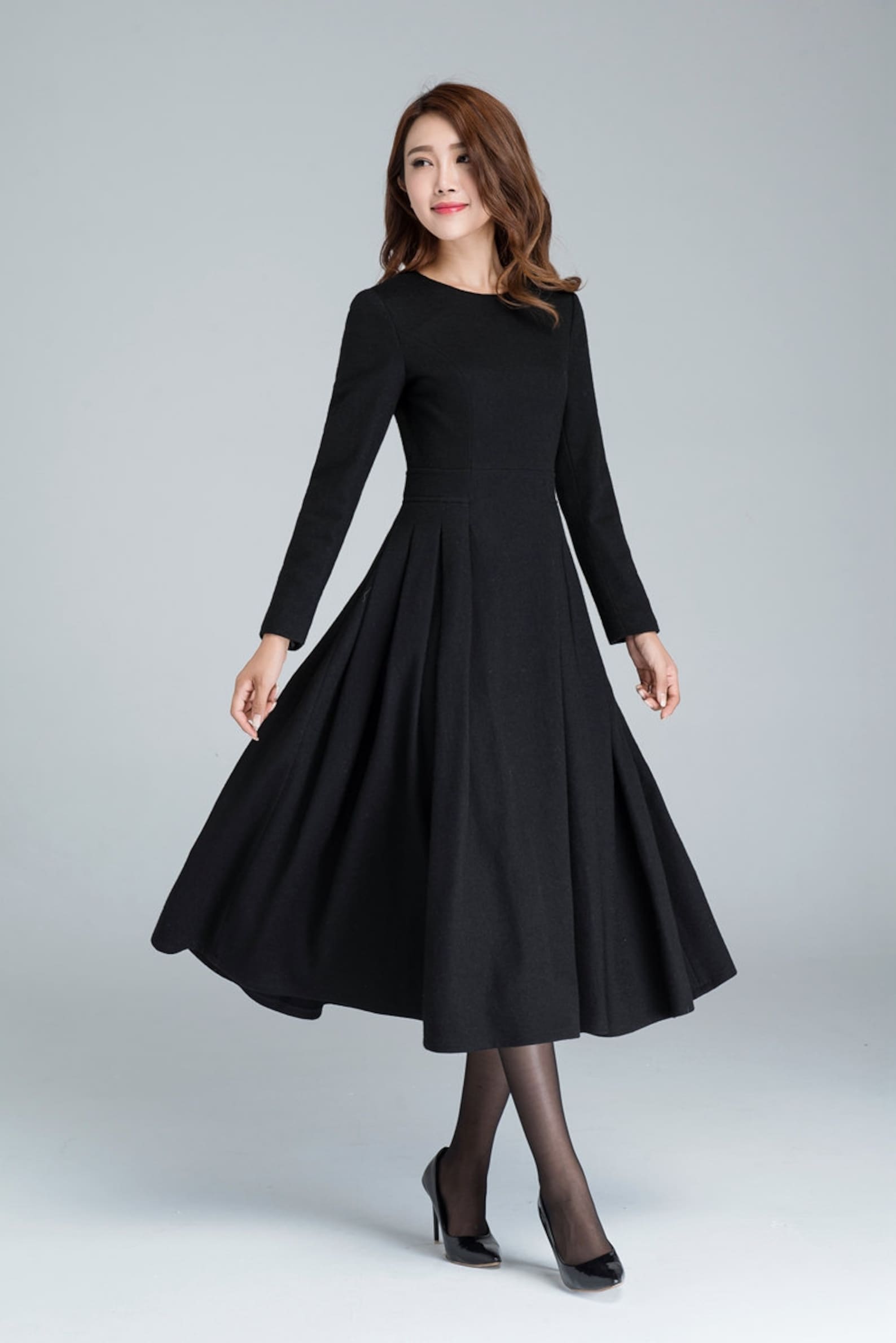 Long Black Dress, Wool Dress, Winter Dress, Long Women Dresses, Pleated ...