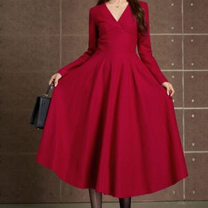 Wool Dress, Red Midi Wool Dress, Swing Wool Dress, A Line Wool Dress, V ...
