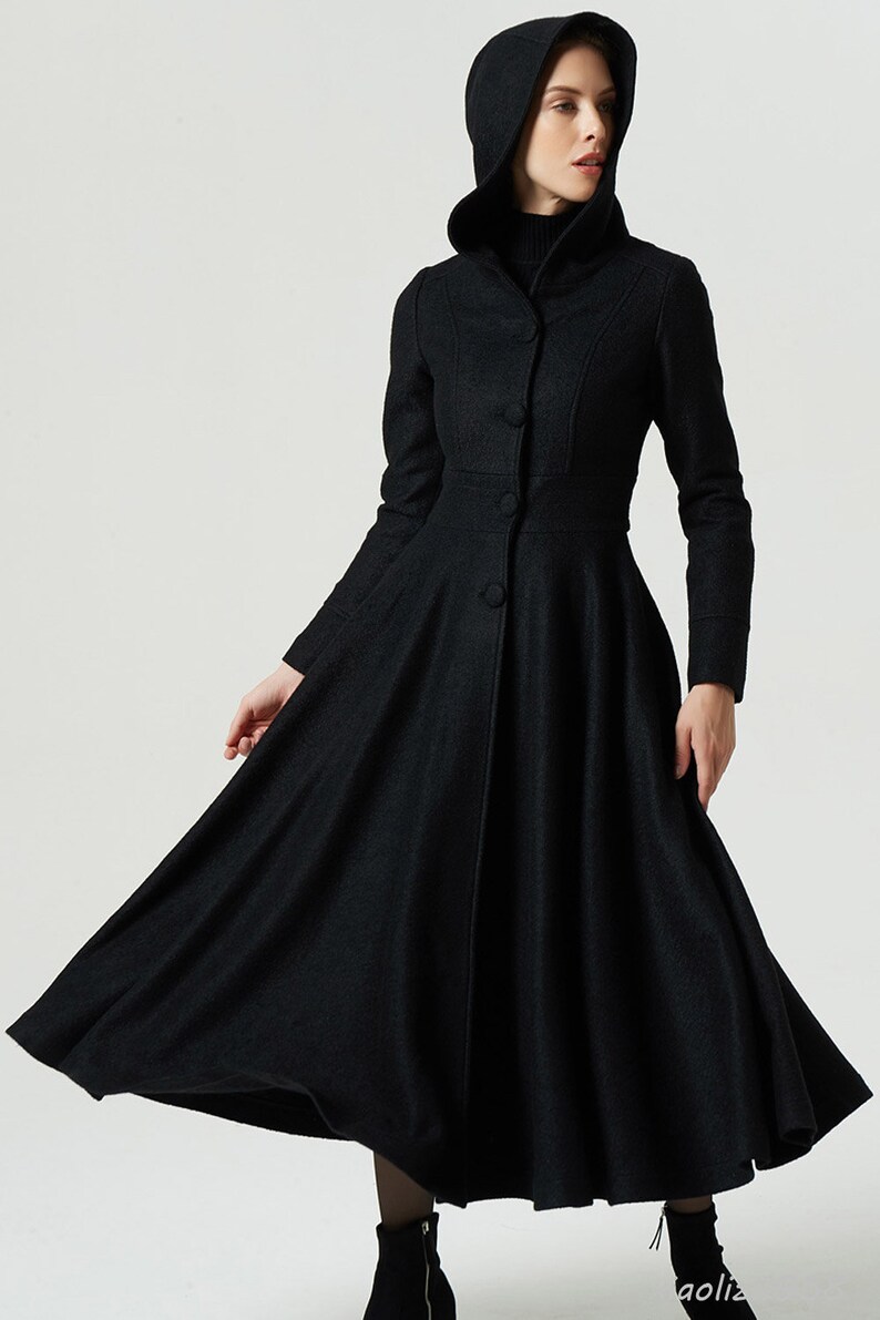 Long Wool Maxi Coat Black Wool Coat Women Swing Wool Hooded - Etsy