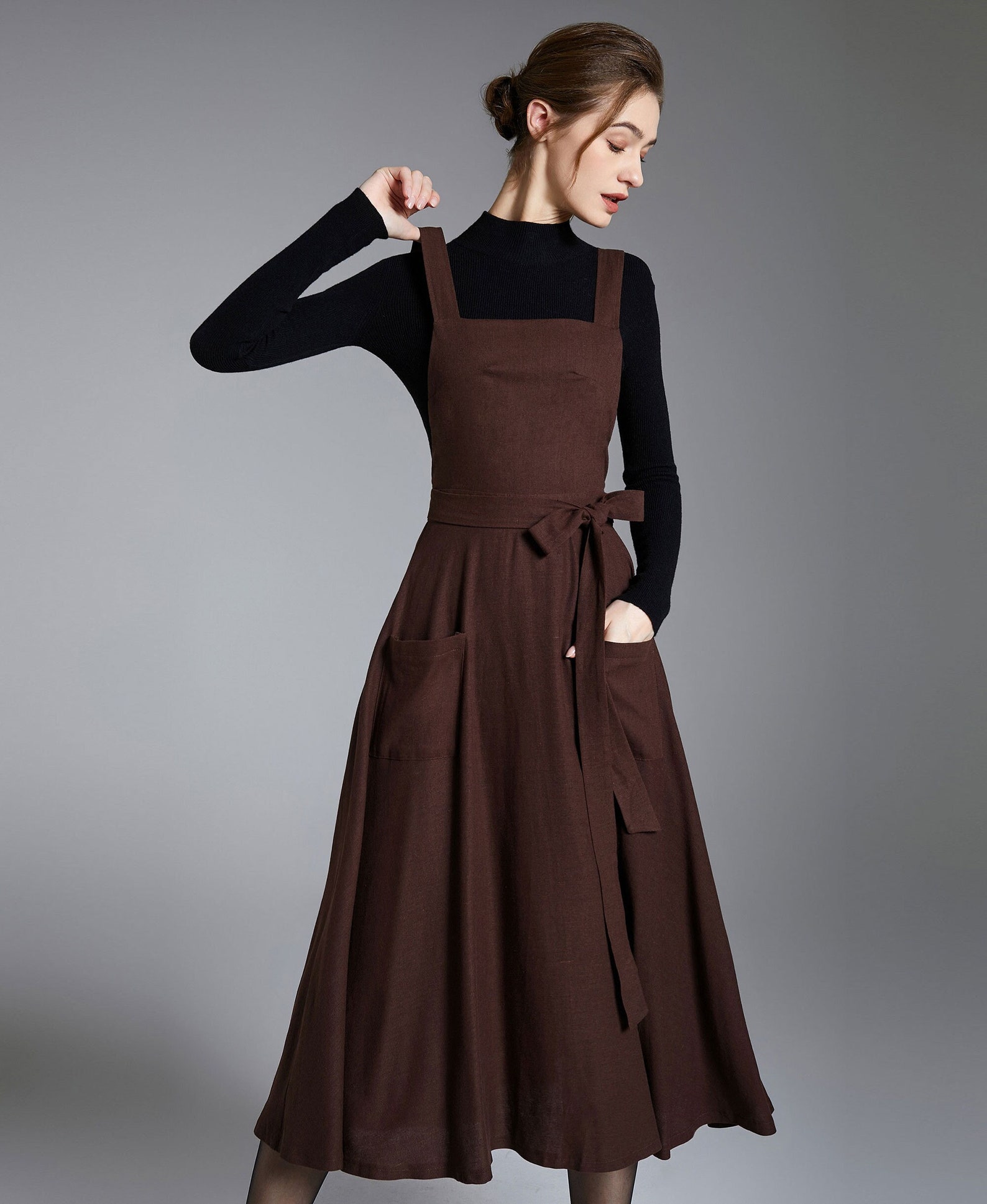 Linen Pinafore, Linen Pinafore Dress, Brown Linen Midi Dress, Women's ...