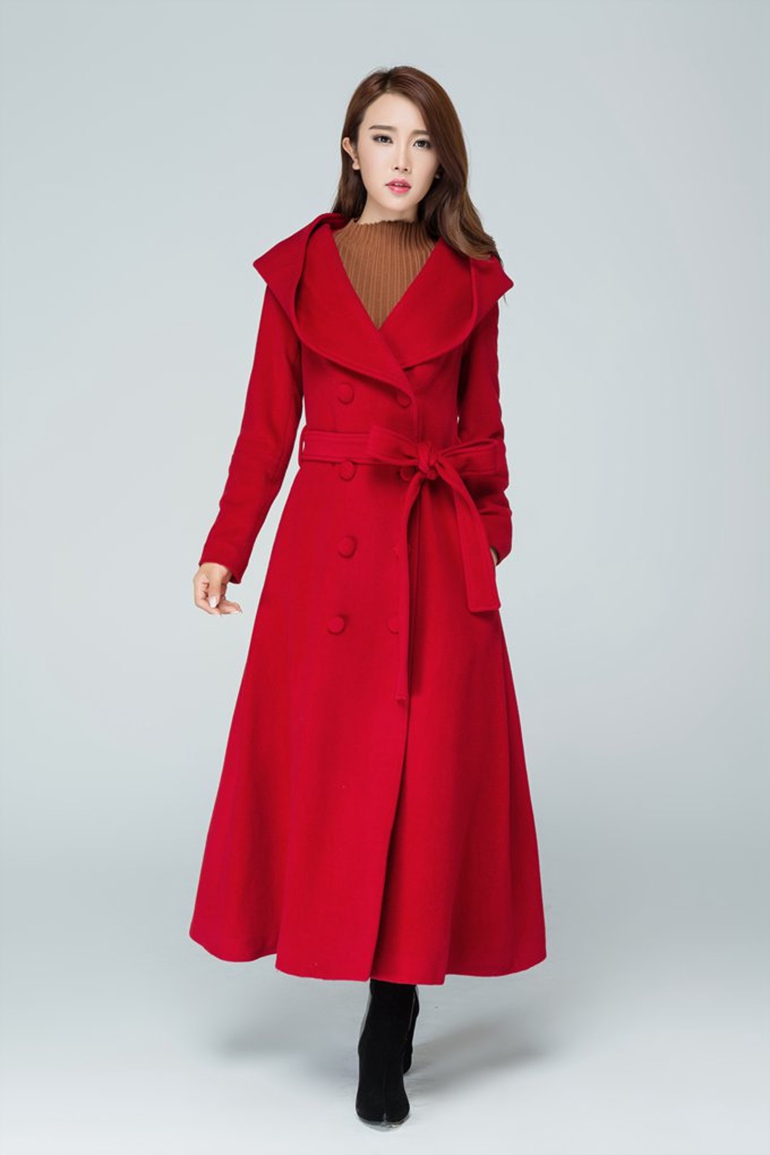 Red Long Wrap Wool Coat, Hooded Wool Coat, Long Trench Coat, Winter ...