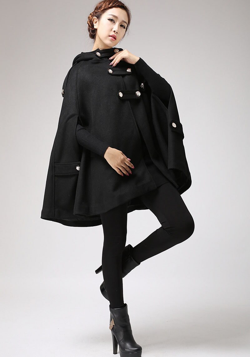 Black Wool Cape Coat, Hooded Cape Coat, Women Cape, Military Cape Coat ...