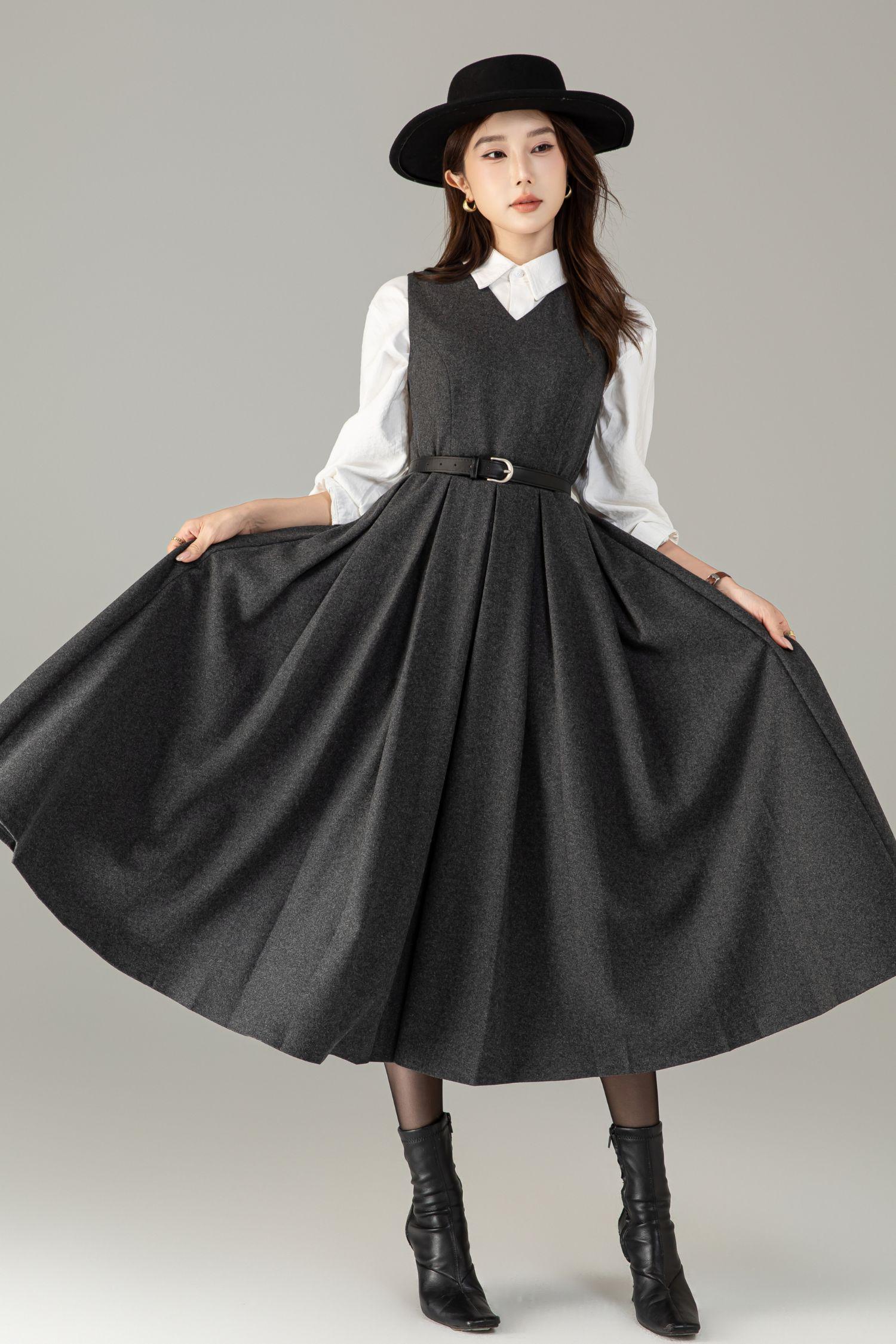 Grey Wool Midi Pinafore Dress: Vintage Style Pleated Jumper, Sleeveless ...