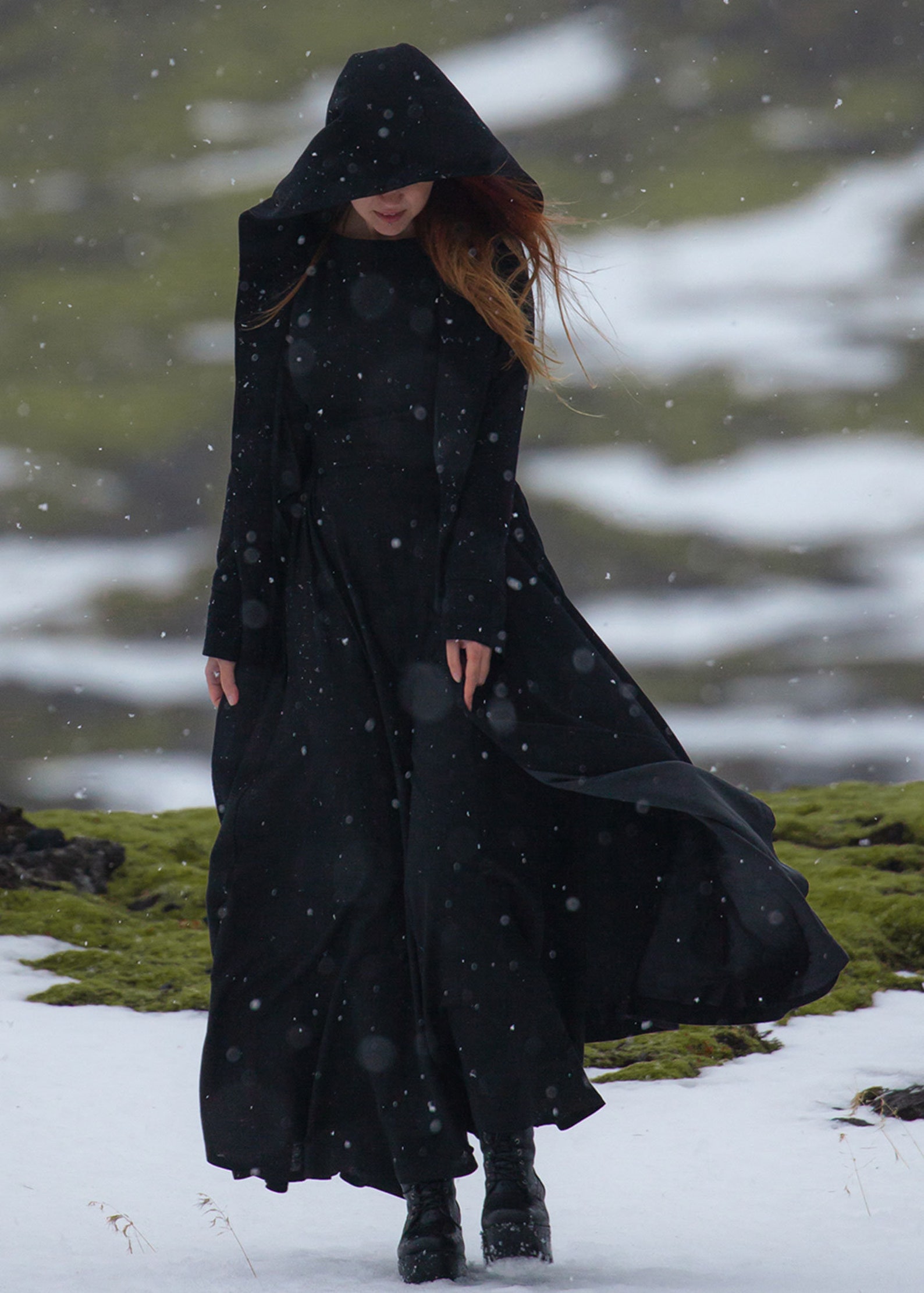 Long Wool Maxi Coat Black Wool Coat Women Swing Wool Hooded - Etsy