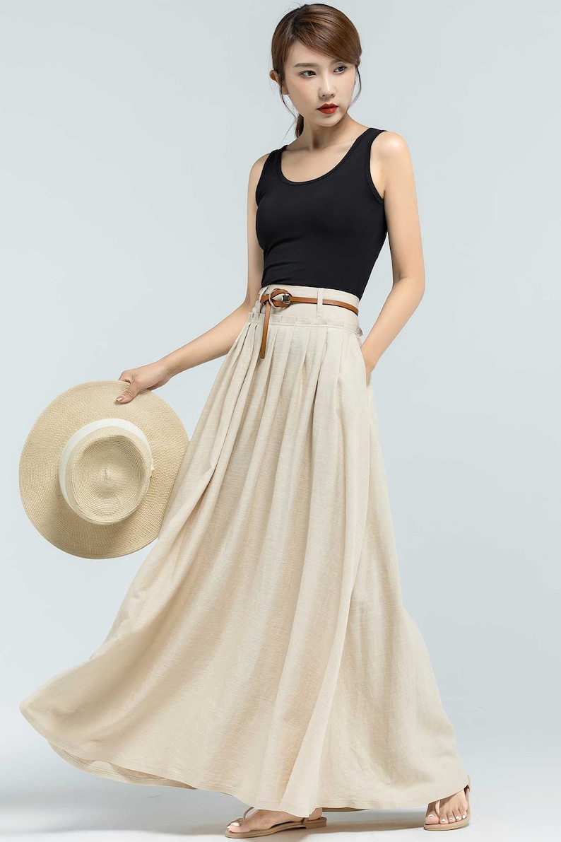 Casual Linen Maxi Skirt Outfit for Summer, Pleated Swing Maxi Linen ...