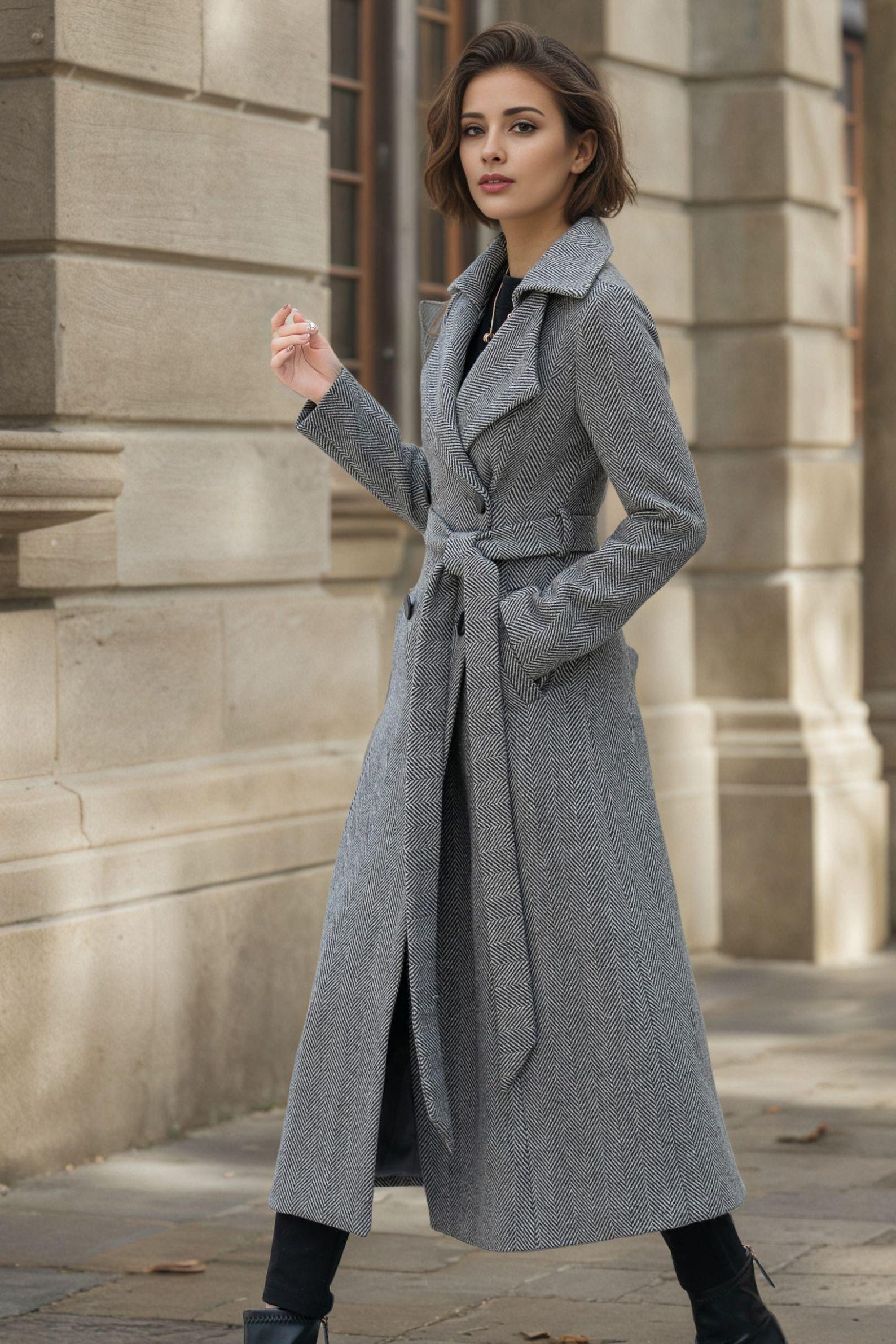 Herringbone Long Wool Trench Coat, Womens A Line Wool Coat, Belted Wool ...