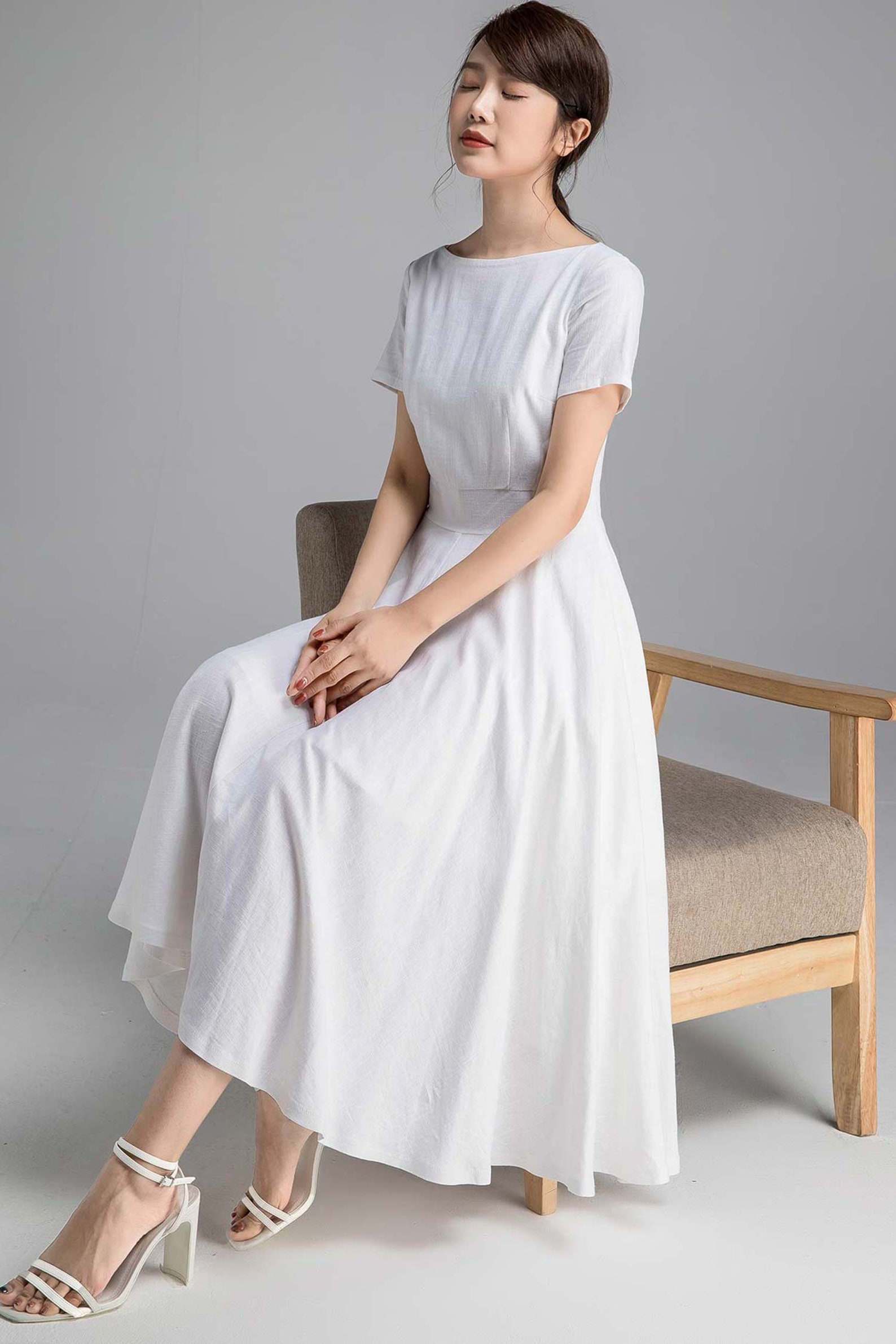White Dress Women, Simple Wedding Dress, Short Sleeve Linen Midi Dress ...