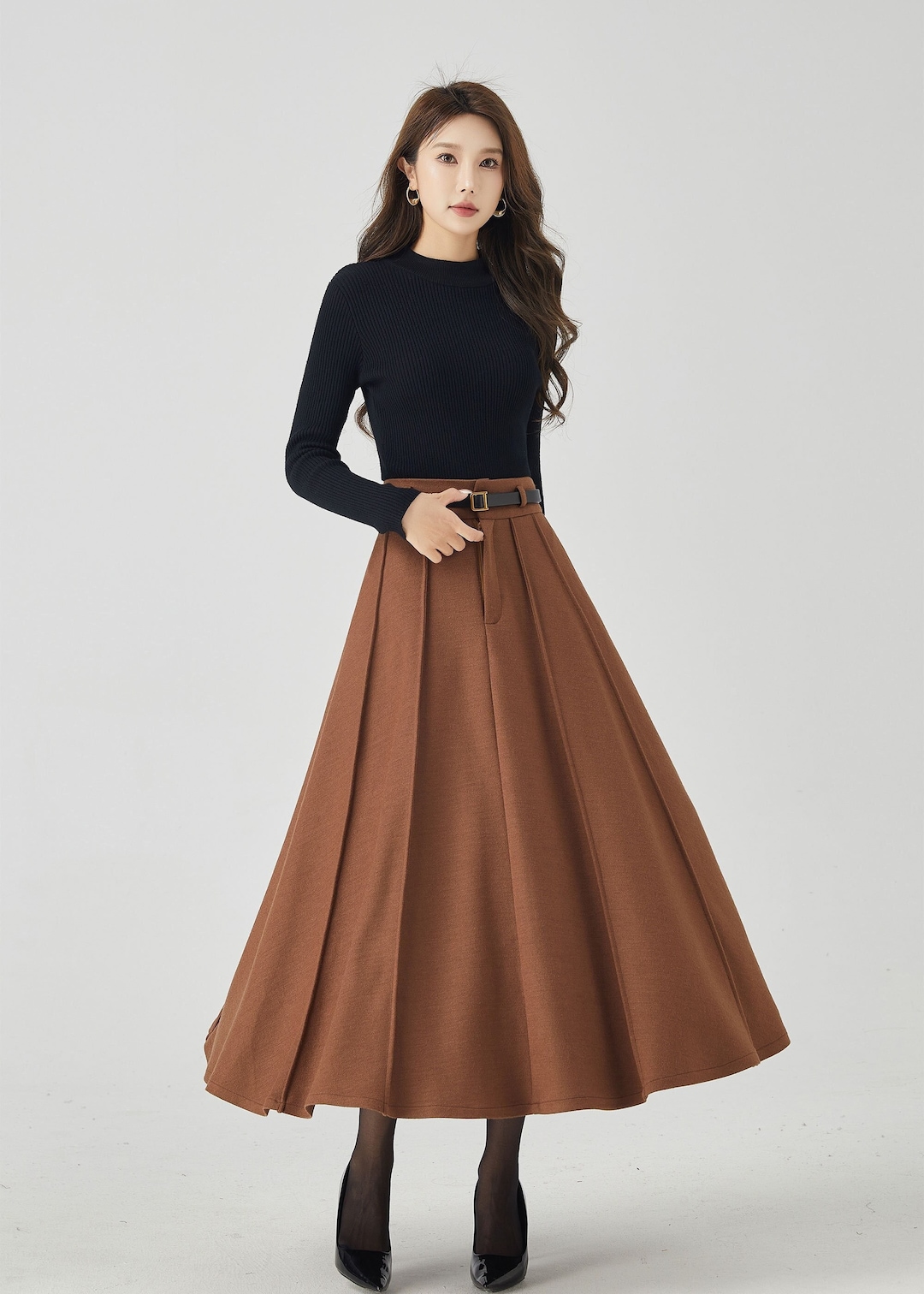 Midi Wool Skirt, Long Pleated Wool Skirt, Brown Swing Wool Skirt ...