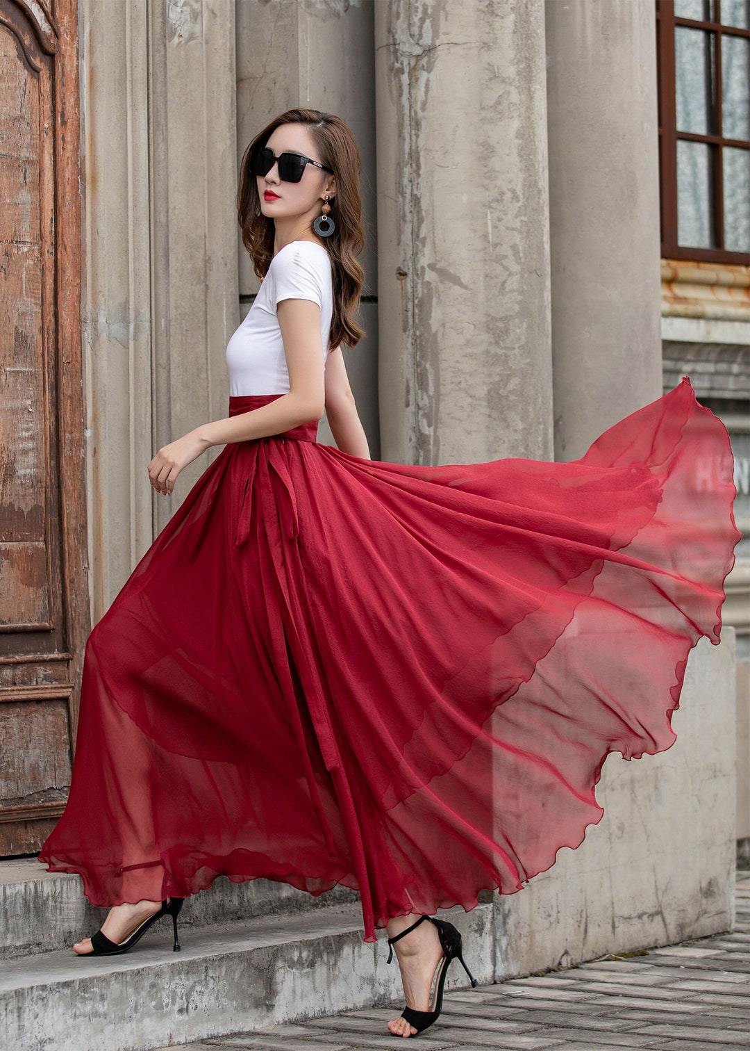Red Summer Swing Chiffon Maxi Skirt Circle Long Chiffon Skirt - Etsy