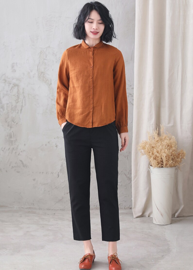 Orange Linen Shirt, Long Sleeve Linen Shirt, Linen Blouse, Women's ...