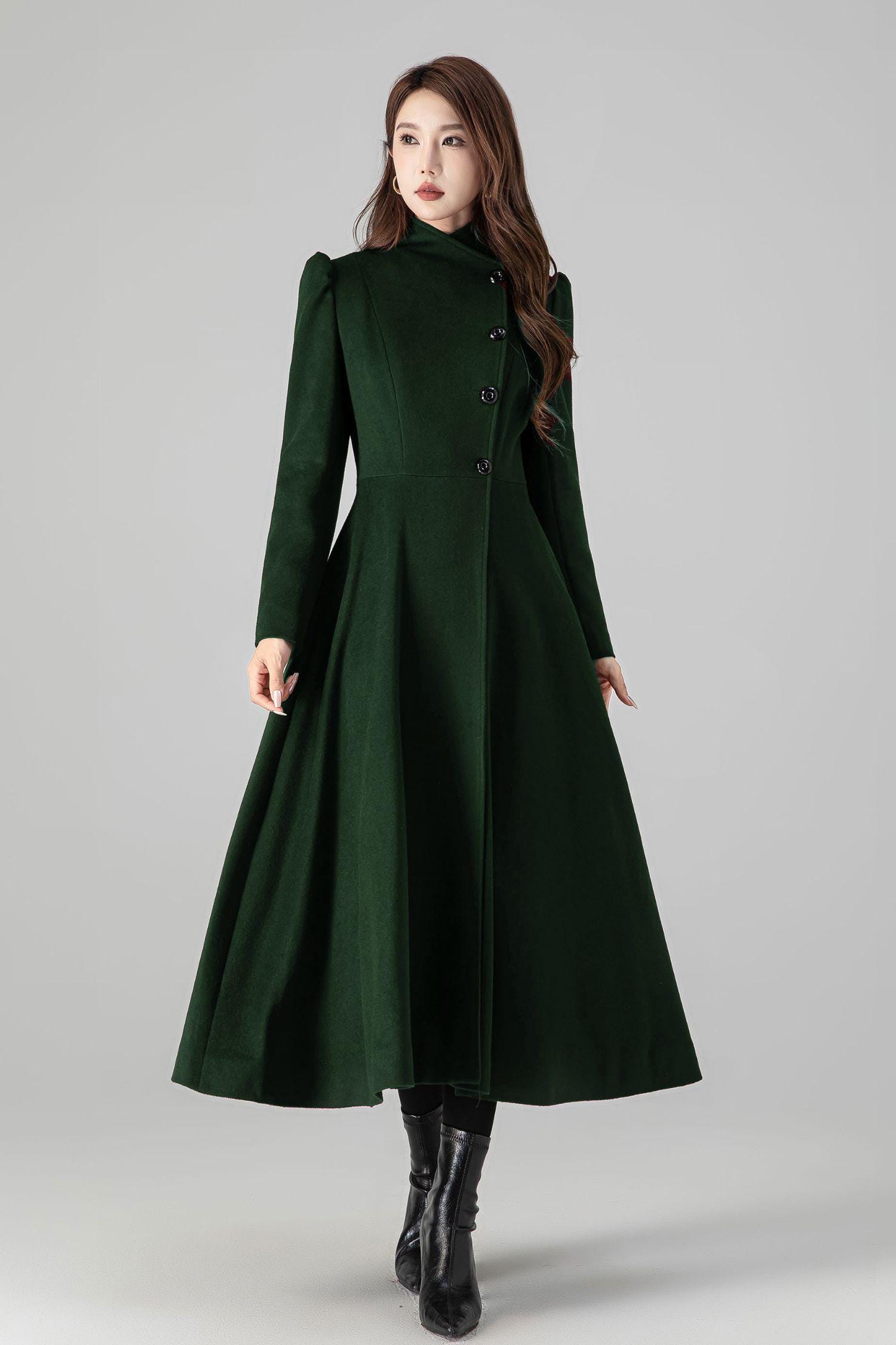Elegant Dark Green Wool Princess Coat: Vintage Inspired Winter Overcoat ...