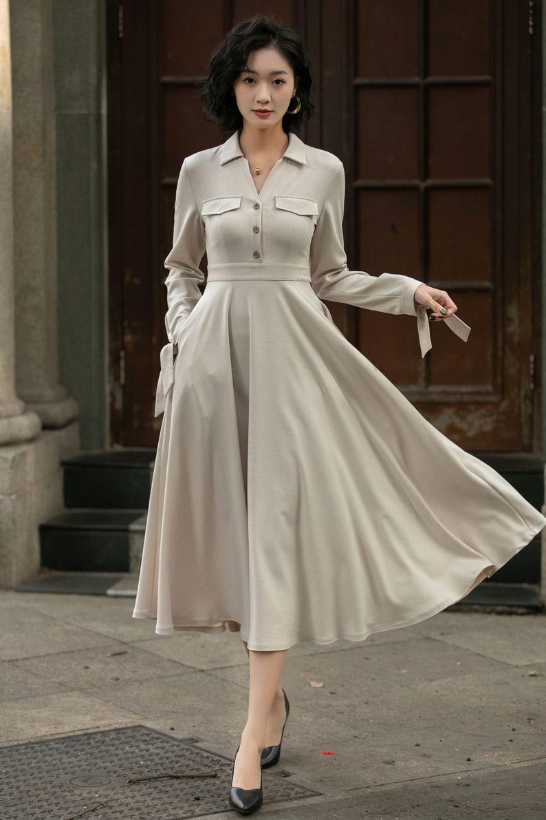 Semi-formal Midi Shirt Dress With Sleeves for Office, Women's Workwear ...