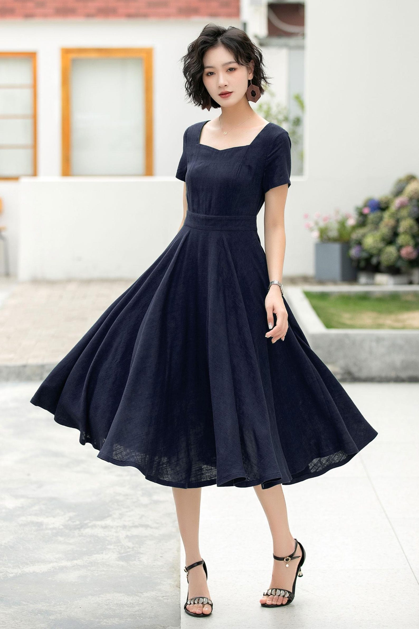 Family Gathering Dress, Linen Green Midi Women Dress, A-line Summer ...
