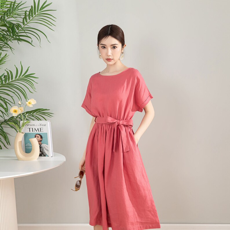 Pink Linen Dress Womens Midi Dress Swing Linen Dress With - Etsy