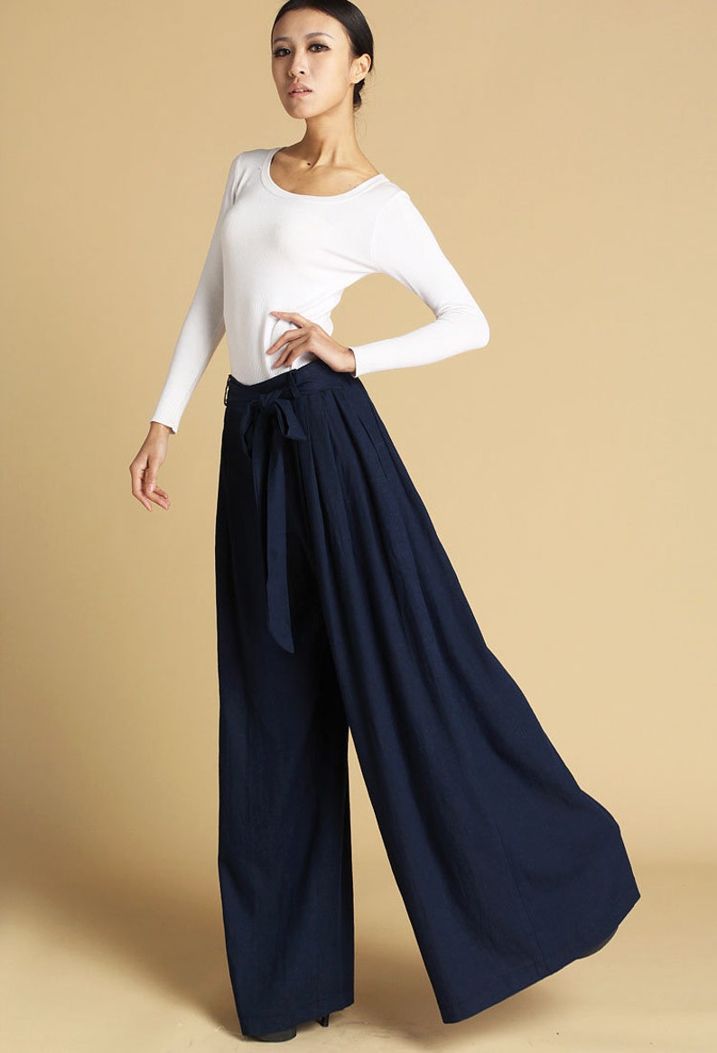 Navy Blue Linen Palazzo Pants, Wide Leg Summer Trousers, Custom ...