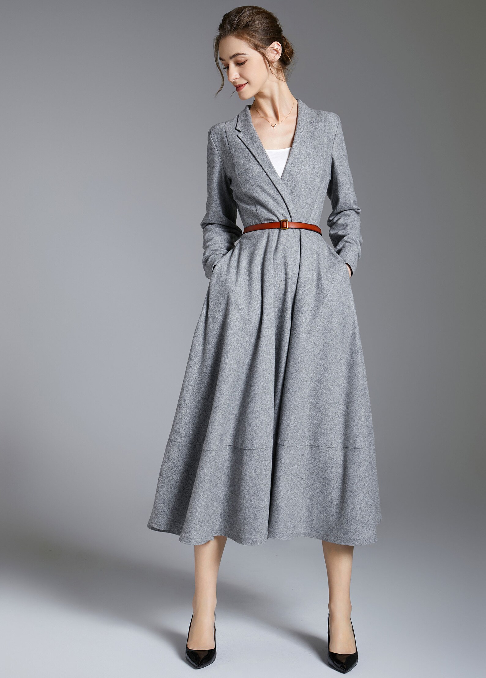 Gray Wool Dress Wool Midi Dress Long Sleeve Wool Dress Etsy